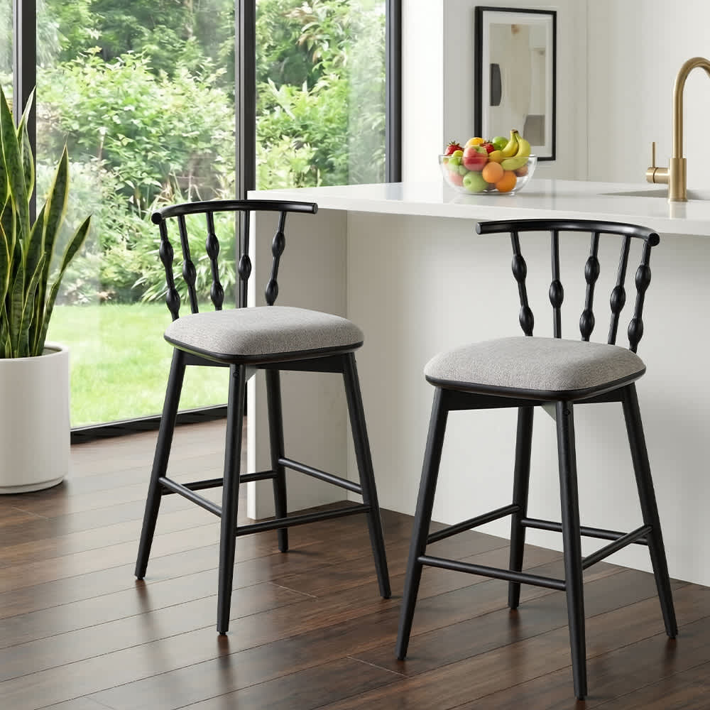 Coolbibila Set of 2 Classic Gray Fabric Upholstered Bar Stools with ...