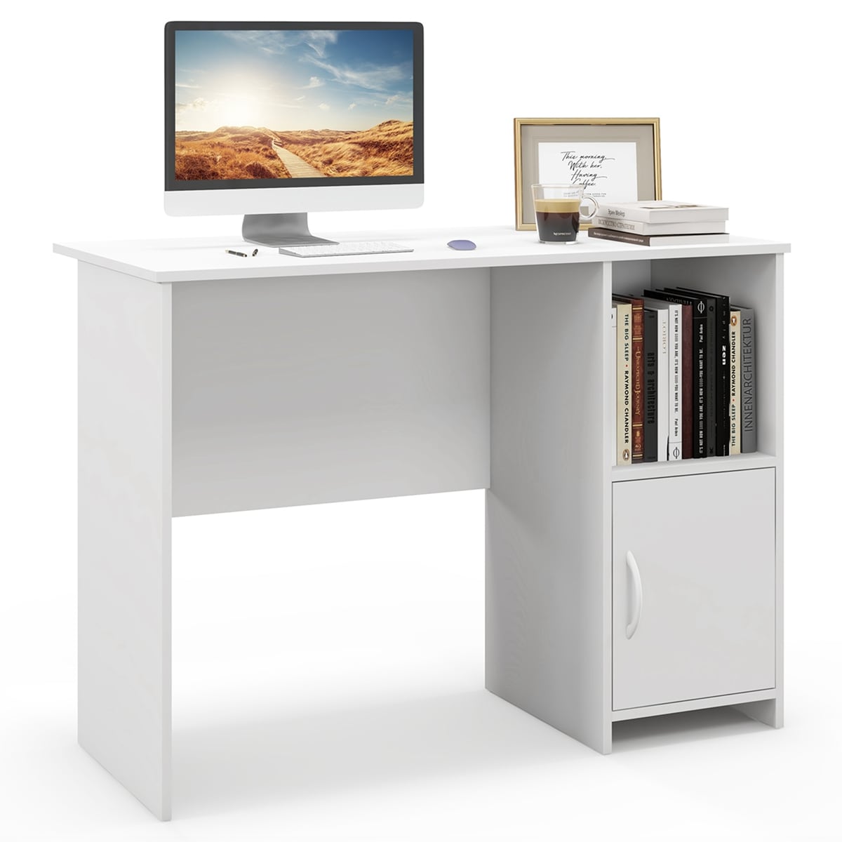 Costway Modern Computer Desk with Cabinet Cable Holes and Open Shelf ...