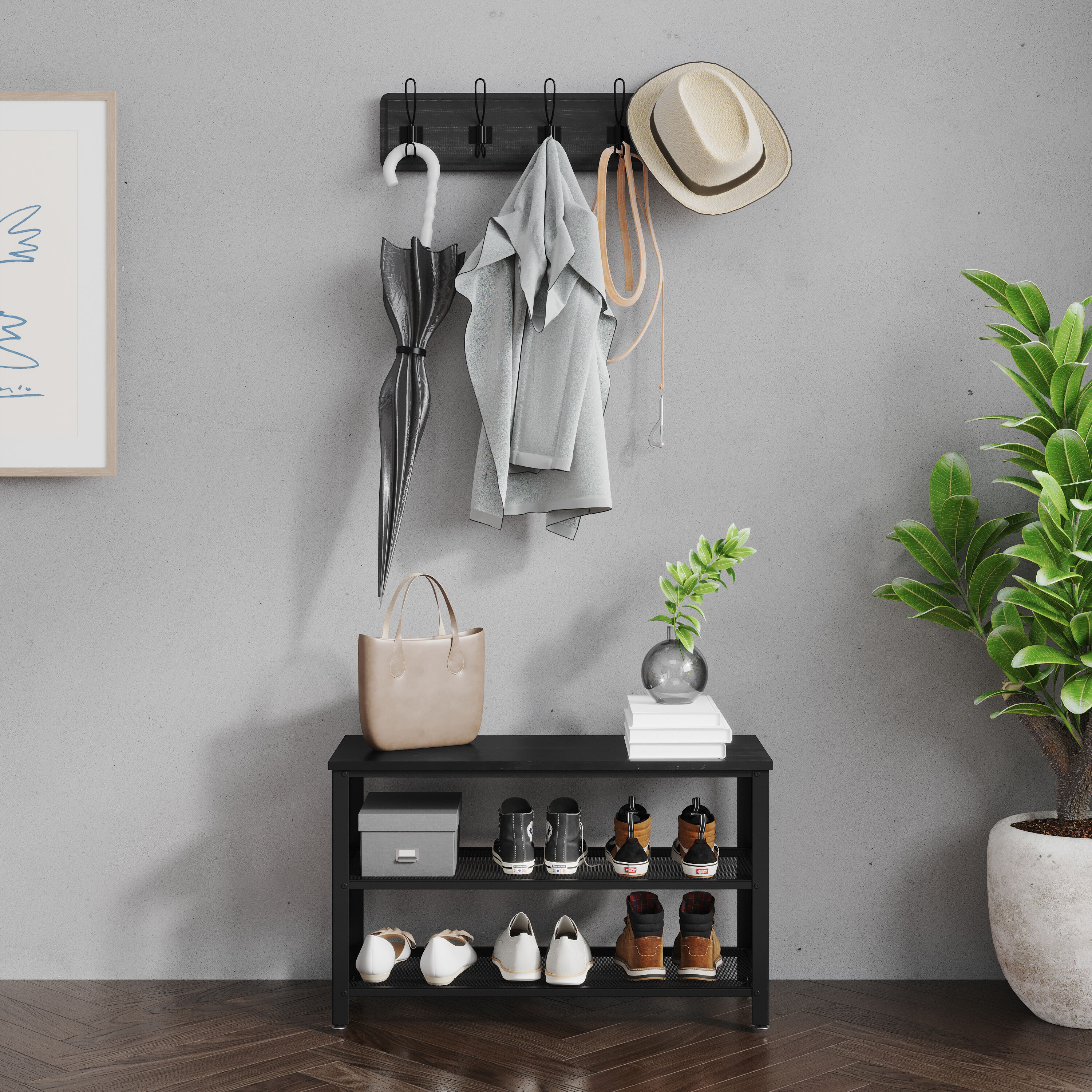 Emma + Oliver Isla 3-Tier Storage Bench with Metal Mesh Shelves for ...