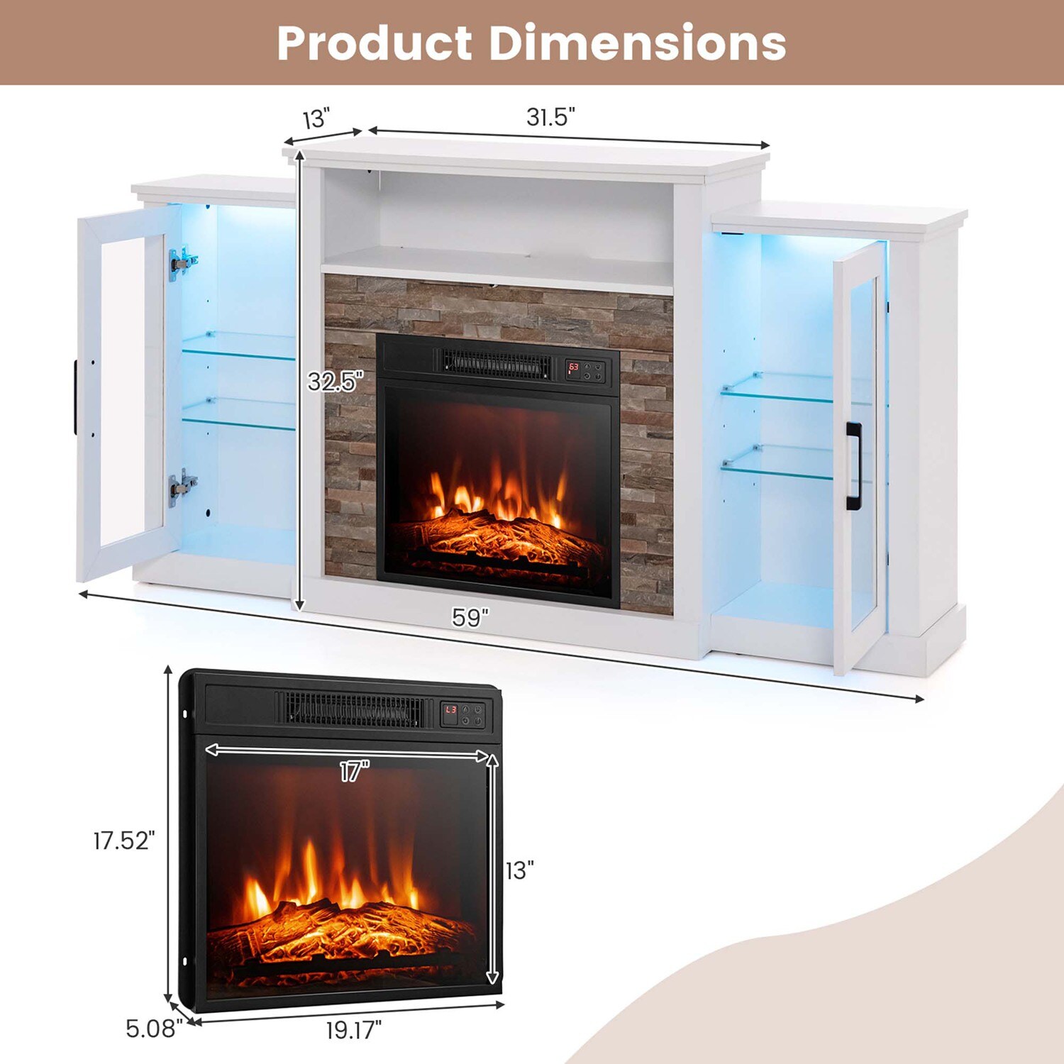 Costway Fireplace TV Stand with Led Lights and 18 inches Electric ...