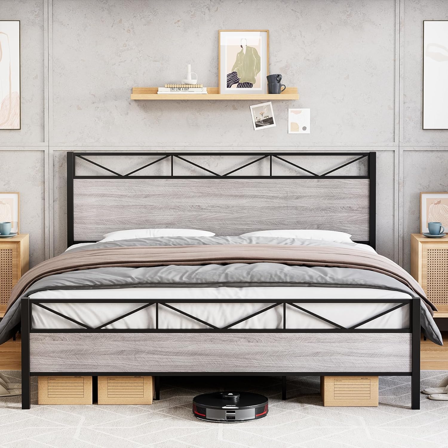 Garvee King Size Bed Frame with Rustic Wood Headboard and Footboard ...
