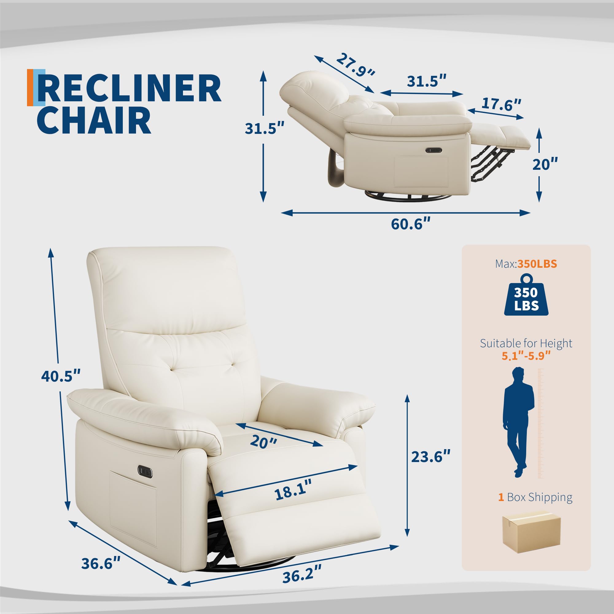 Garvee Power Recliner Chair 270 Swivel Rocking Glider with USB Charging ...