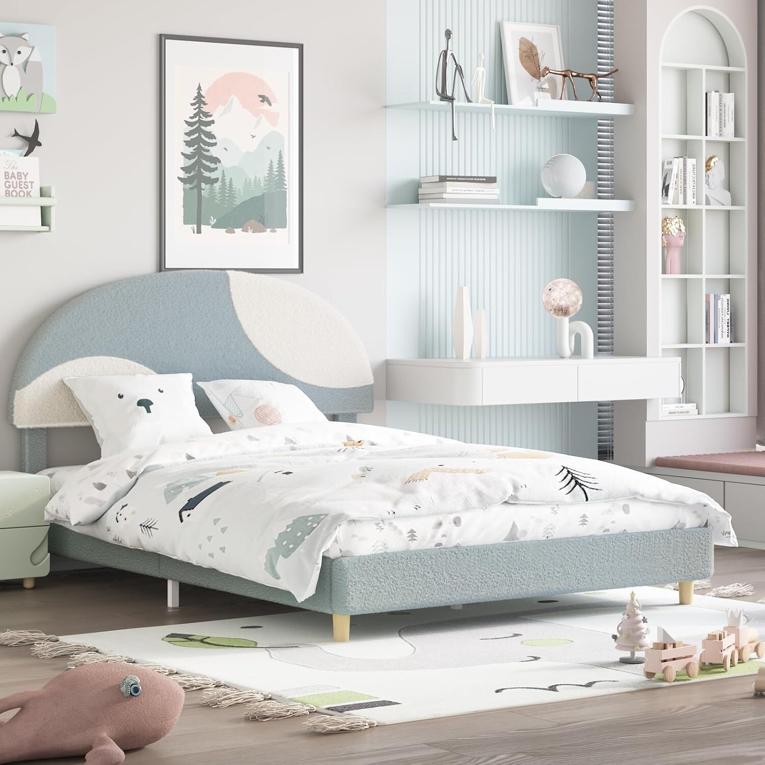 Garvee Full Bed Frame with Round Blue and White Boucle Headboard ...