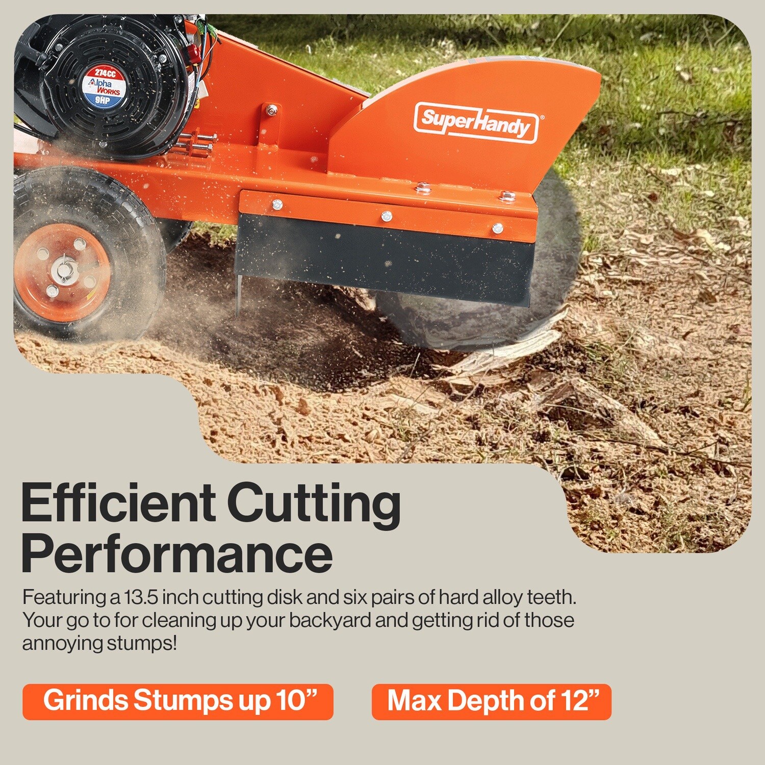 SuperHandy Gas Powered Stump Grinder 9HP Direct Belt Drive 12-in ...