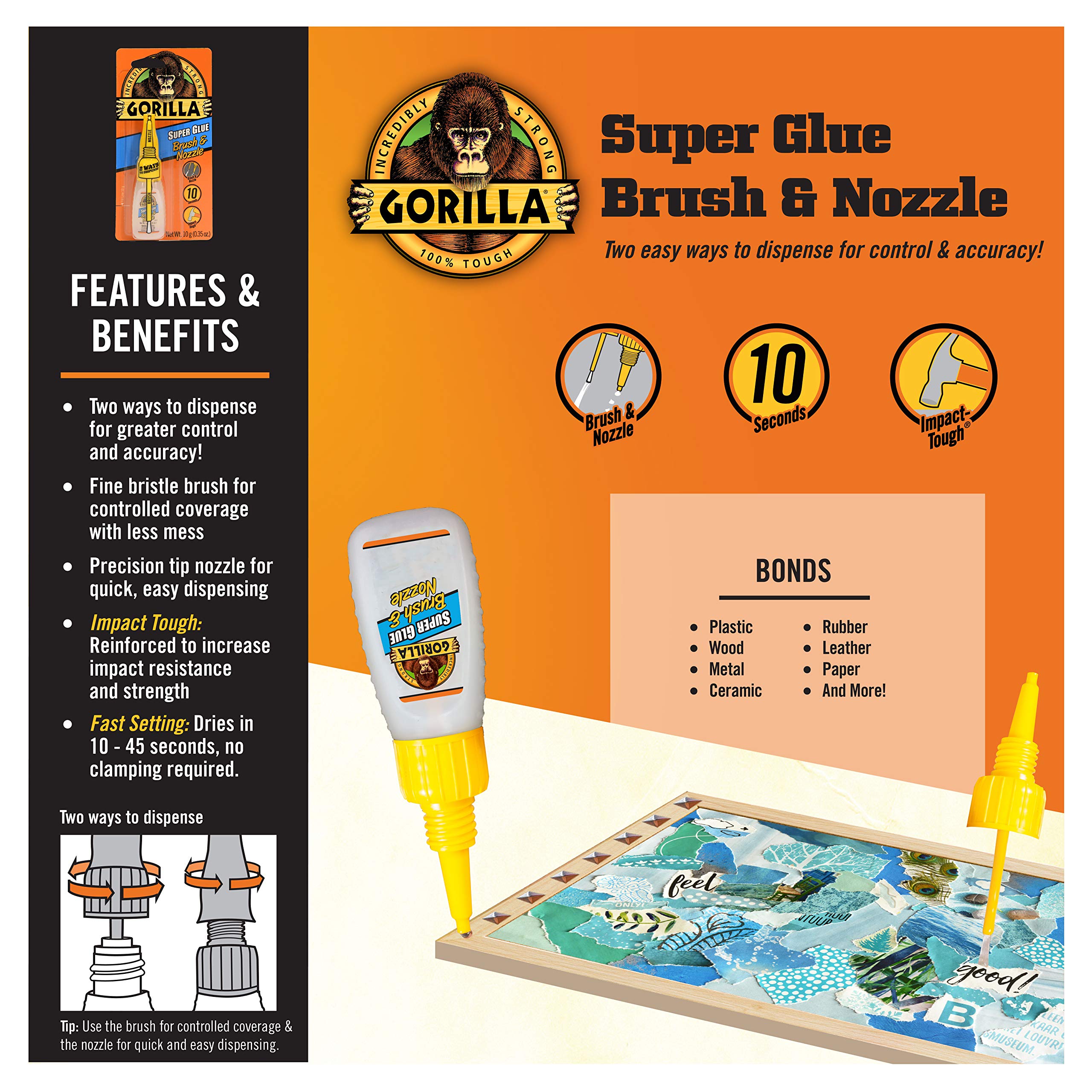 Gorilla Super Glue with Brush Nozzle Applicator 10 Gram Clear (Pack of ...