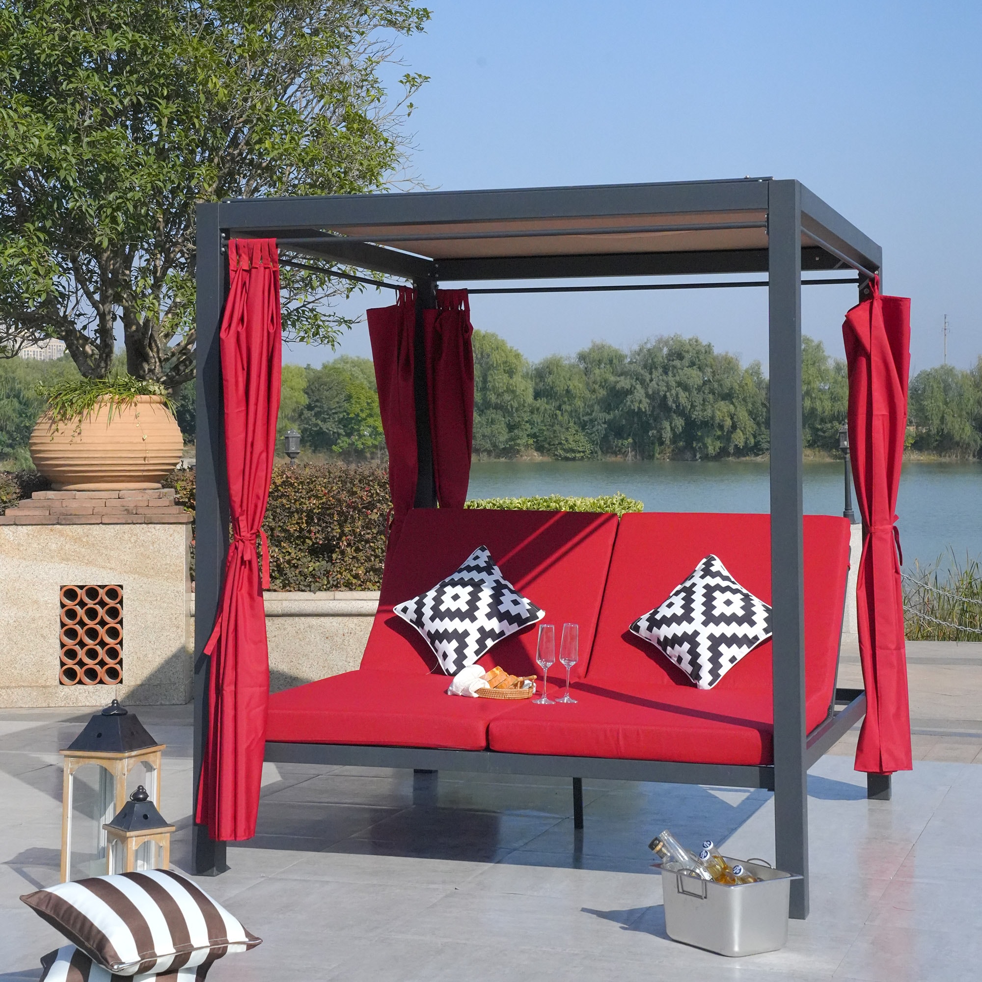 Direct Wicker ROSY Outdoor Daybed with Red Cushions and Iron Frame DWL ...
