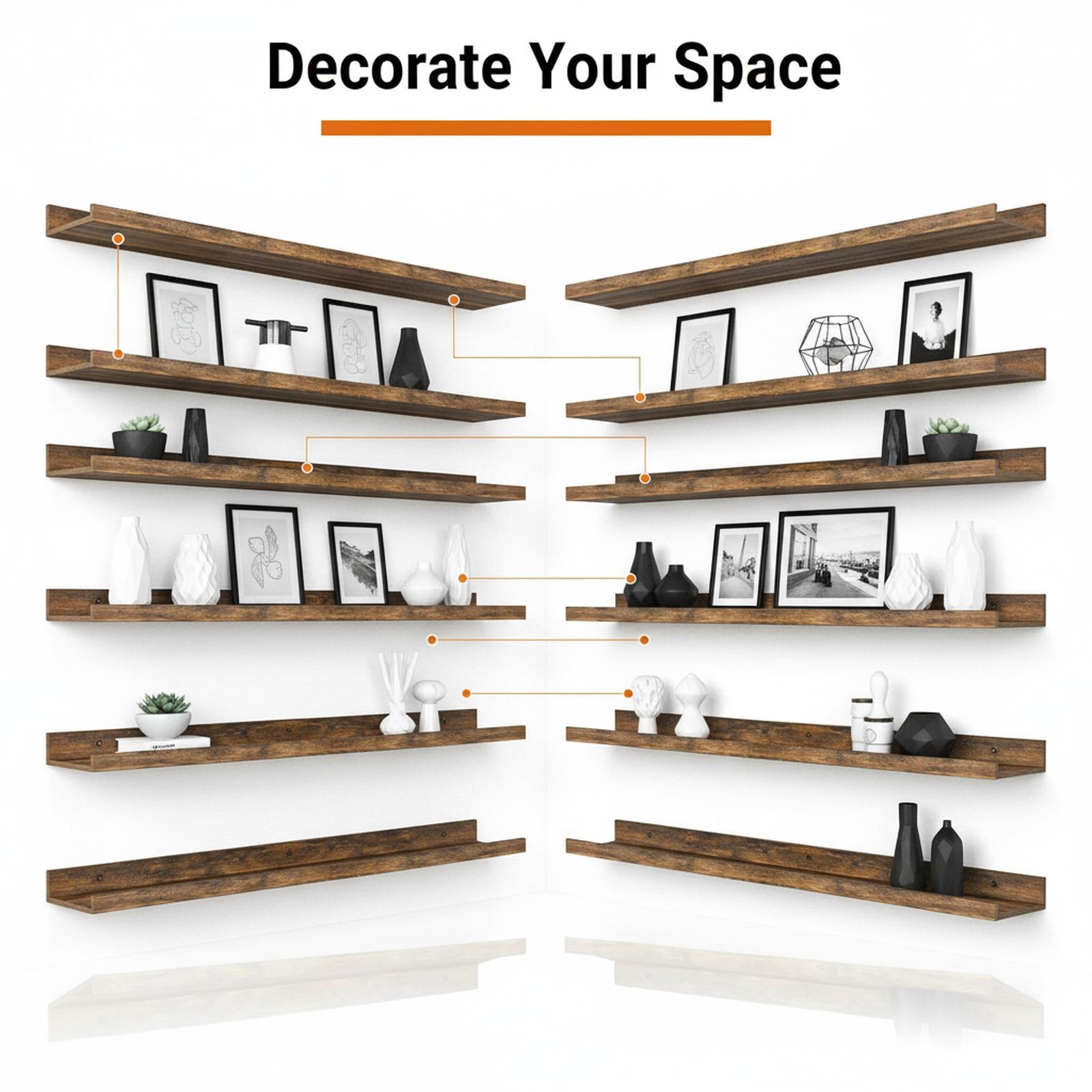 Baginizer Floating Wood Shelves Wall Mounted Set of 6 Decor Storage for ...