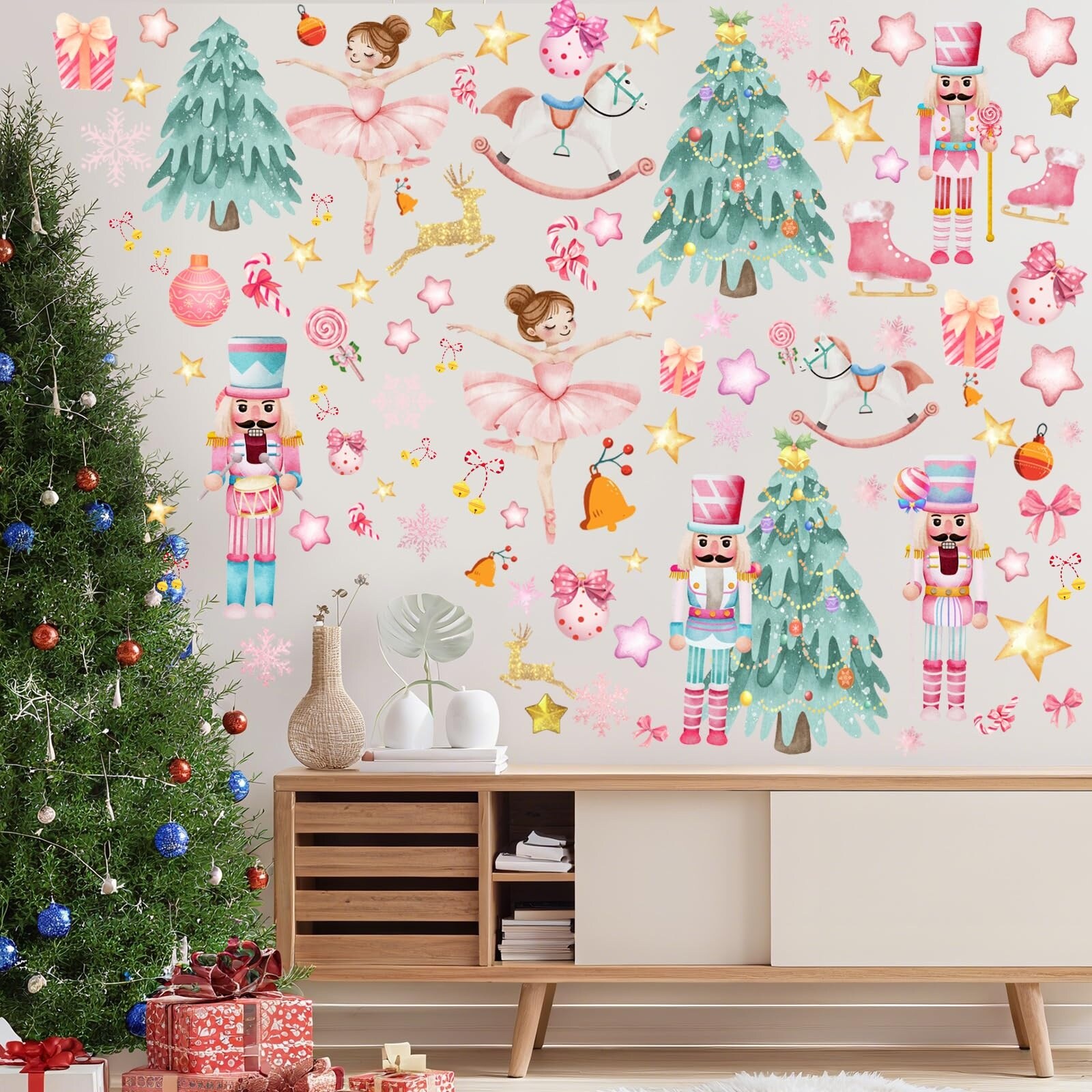 LAIFUCAM 112 pcs Pink Nutcracker Christmas Wall Sticker Set Dancing ...