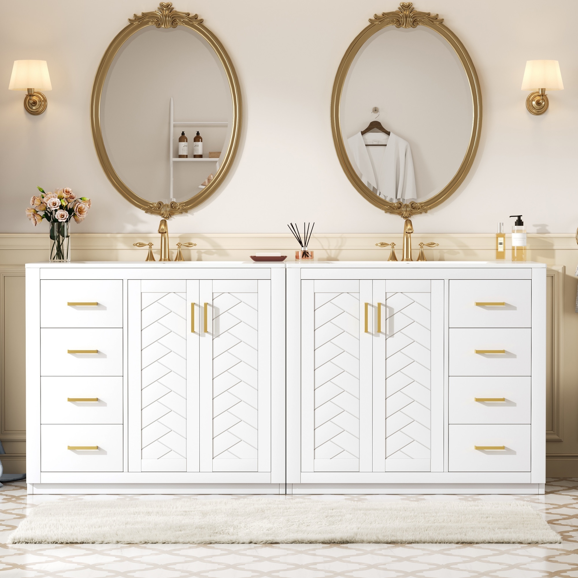 Afhocomp 72 in. Double Sink Freestanding White Bath Vanity with White ...
