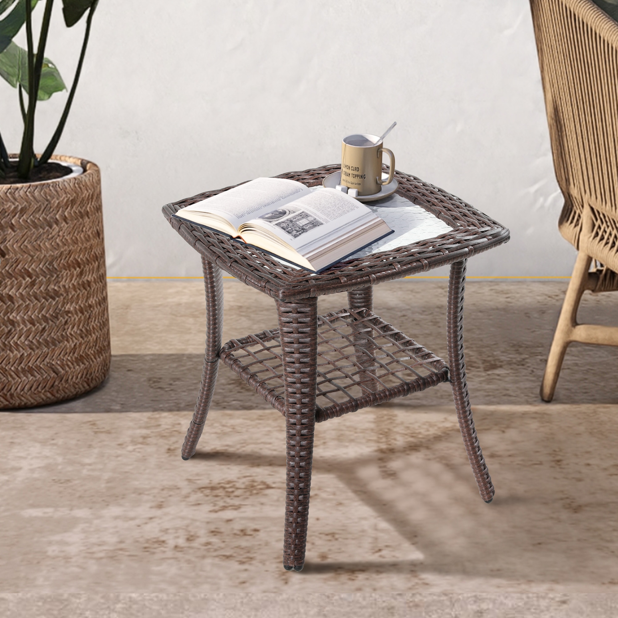 Rattan Table Square Wicker Outdoor End Table 18.5-in W x 18.5-in L in ...