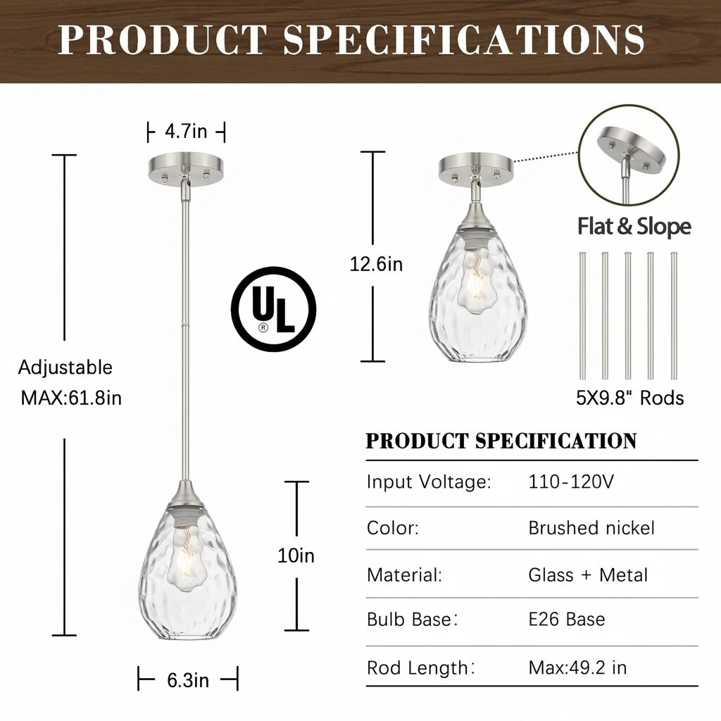 Lukvuzo 2 Pack Brushed Nickel Pendant Lights with Hammered Glass Shade ...