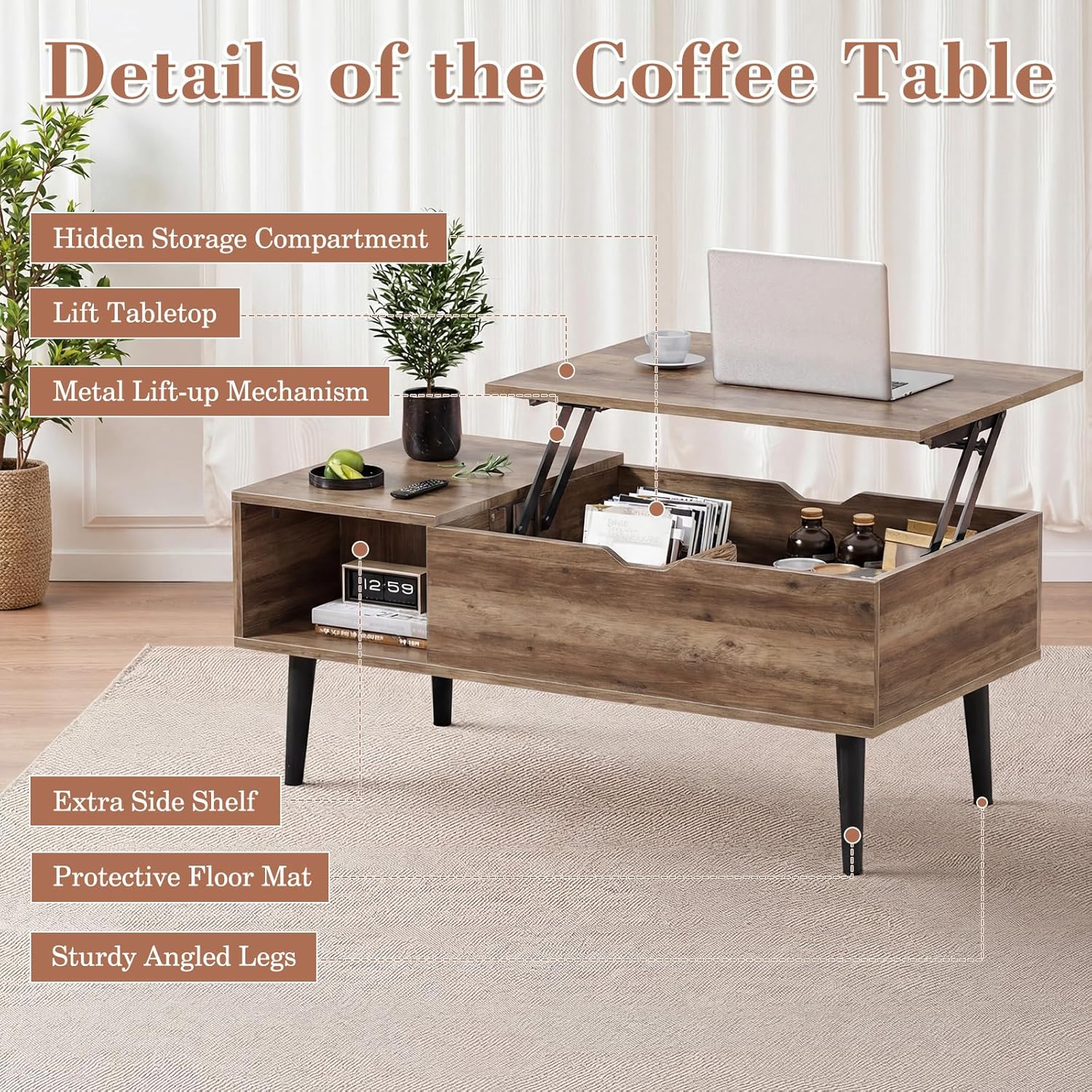 OOU Lift Top Coffee Table with Storage Multi Functional Rising Desk ...