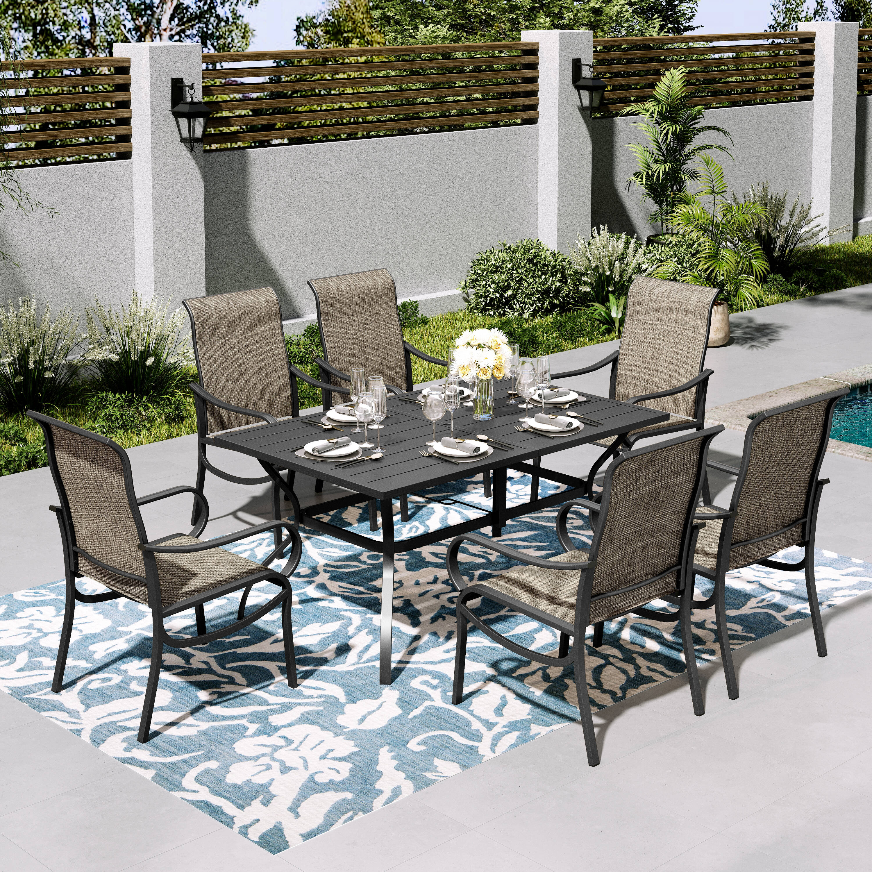 Sunshine Valley 7-Piece Black Patio Dining Set Steel Rectangle Table ...