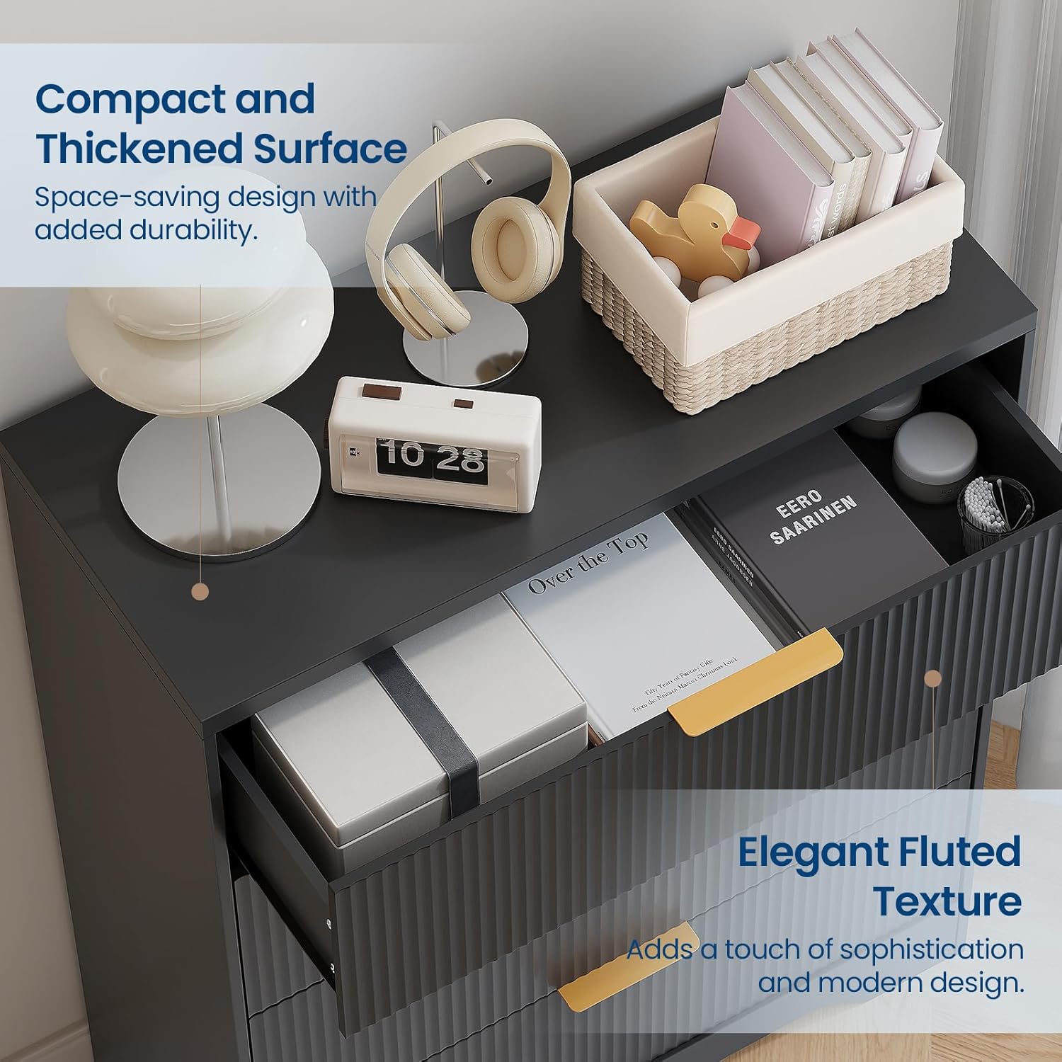 Garvee Fluted 4 Drawer Dresser Gold Handles Modern Black White Chest ...