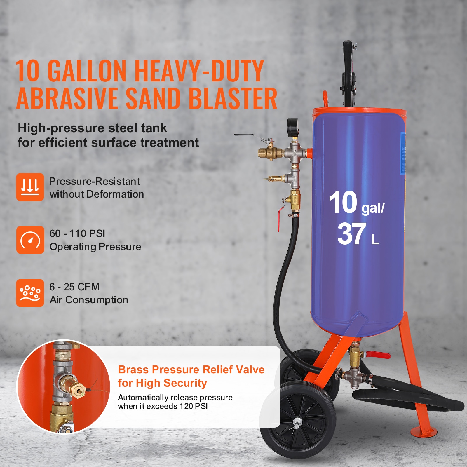 VEVOR 10 Gallon Heavy-Duty Sand Blaster 60-110 PSI High Pressure ...