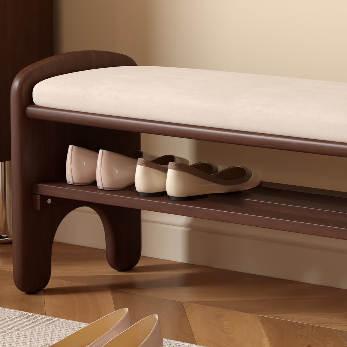 Maison Boucle 31.5-in Walnut Solid Wood Accent Shoe Bench with Faux ...