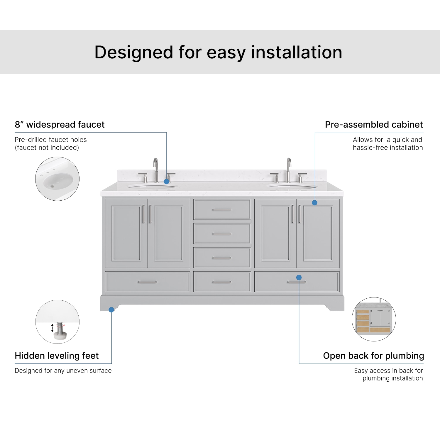 ARIEL Stafford 72-in Gray Undermount Double Sink Bathroom Vanity with ...