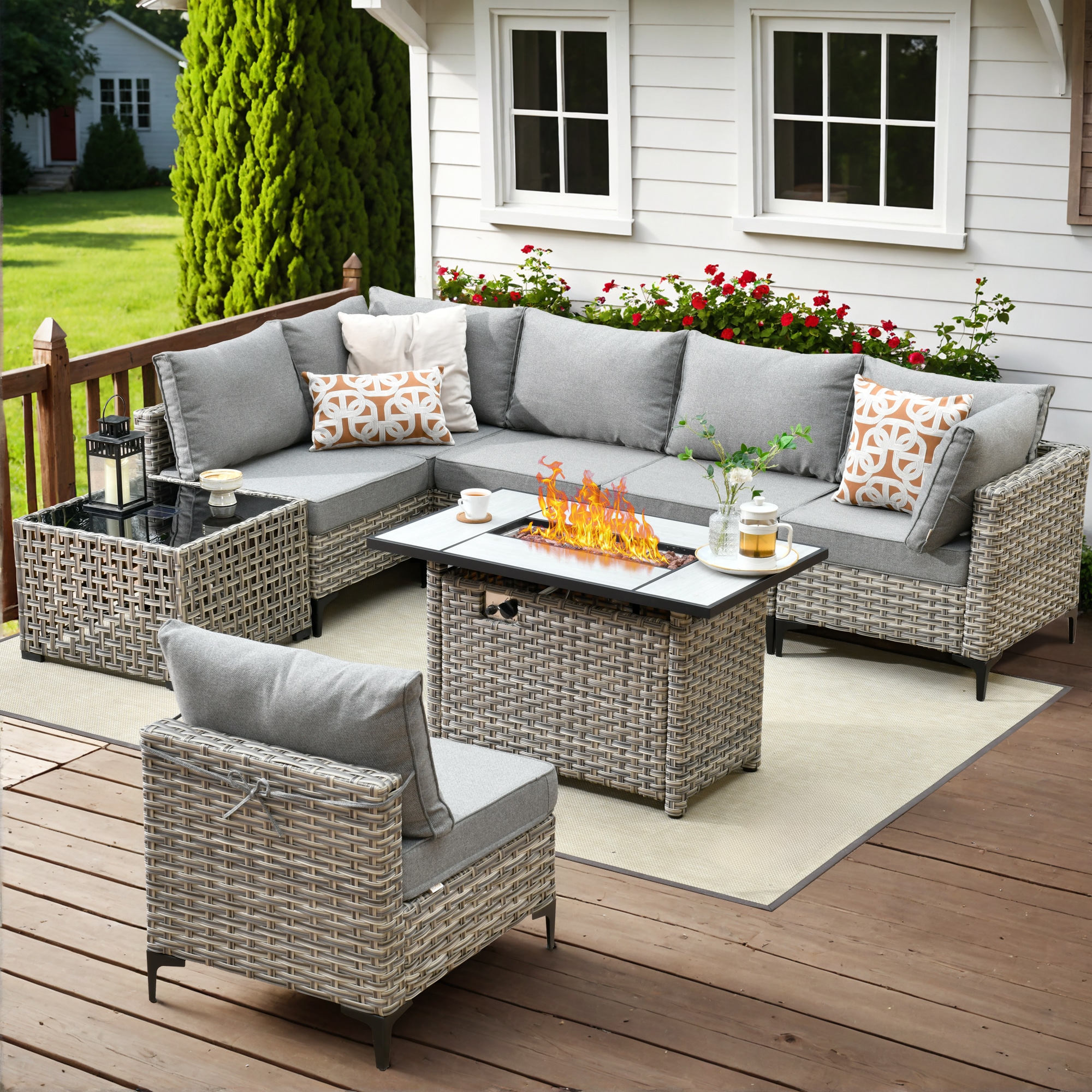 XIZZI Amber Rattan Outdoor Sectional with Dark gray Cushions and Rattan ...