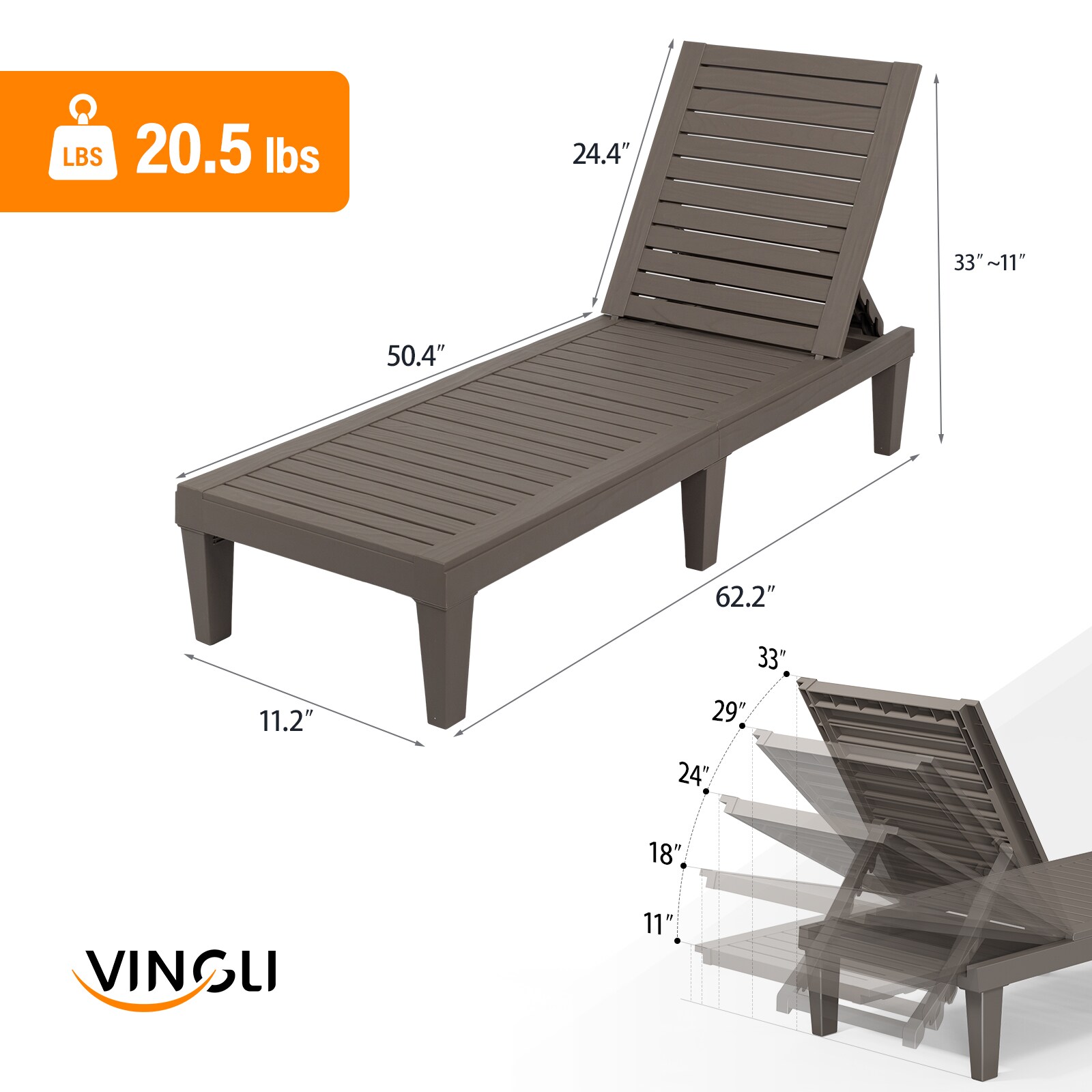 VINGLI 1-Pack Outdoor Adjustable Chaise Lounge Chair for Outside Pool ...