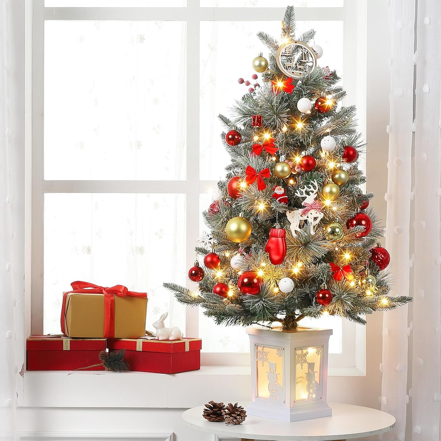 Garvee Christmas Tree 3 FT Prelit Artificial Snow Flocked LED Lights 8 ...
