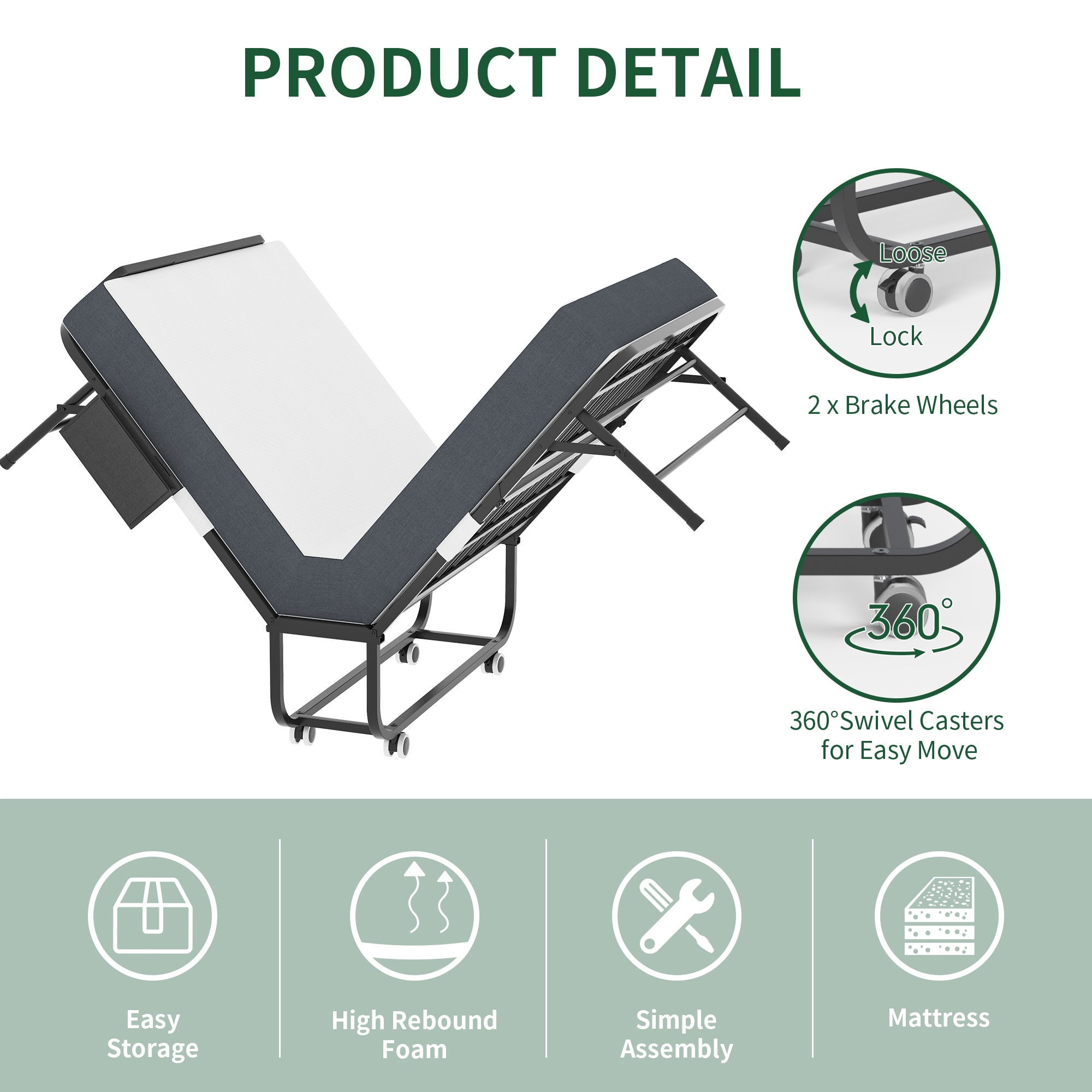Dimakai 46in Wide Folding Bed with 5in Memory Foam Mattress Adjustable ...