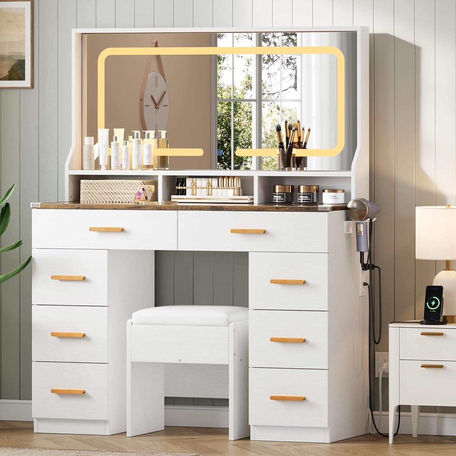 Garvee Vanity Desk with Mirror and Lights Makeup Table with Glass Top 8 ...