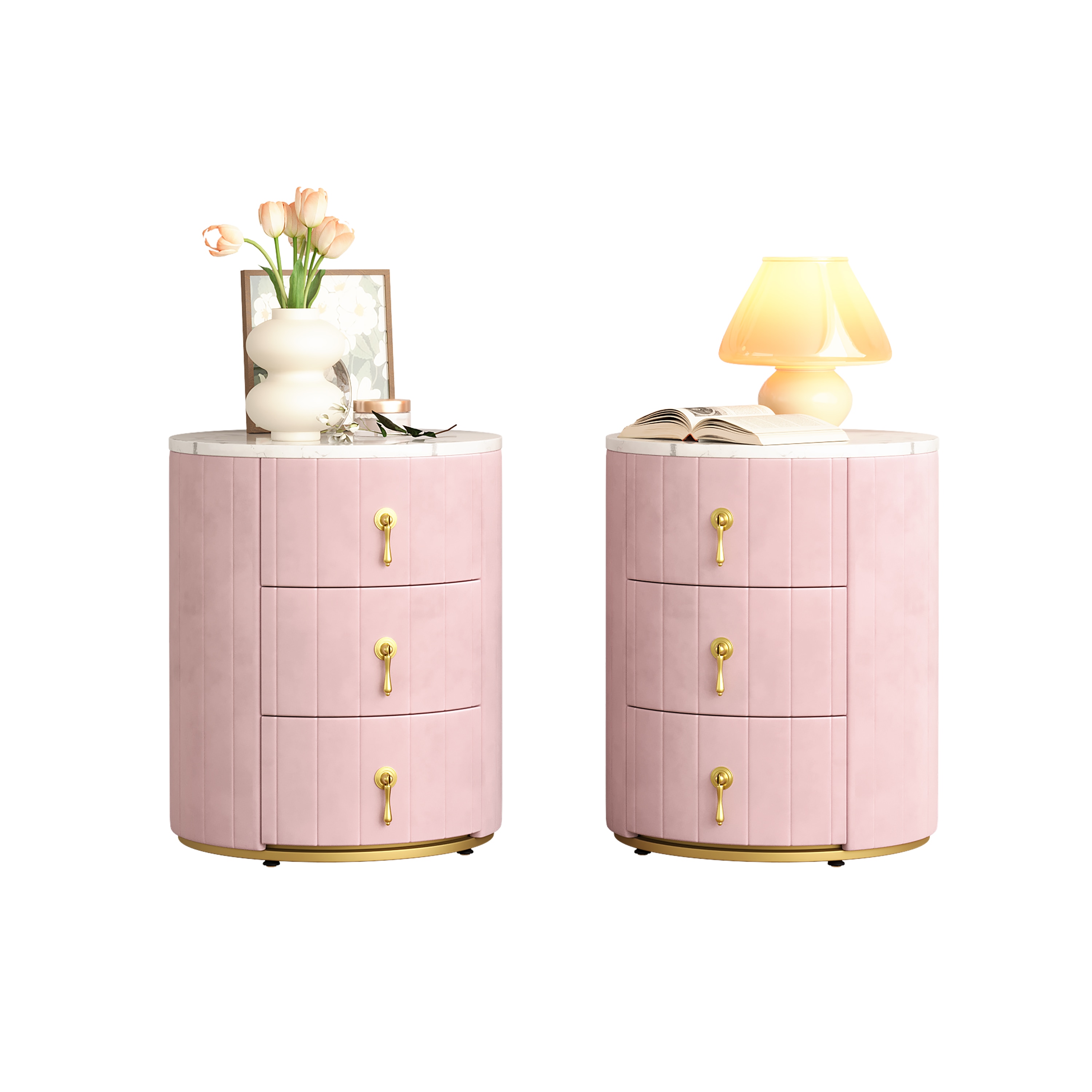 LOVMOR 2 Set Upholstered Nightstand 3 Drawers Round Bedside Table Metal ...