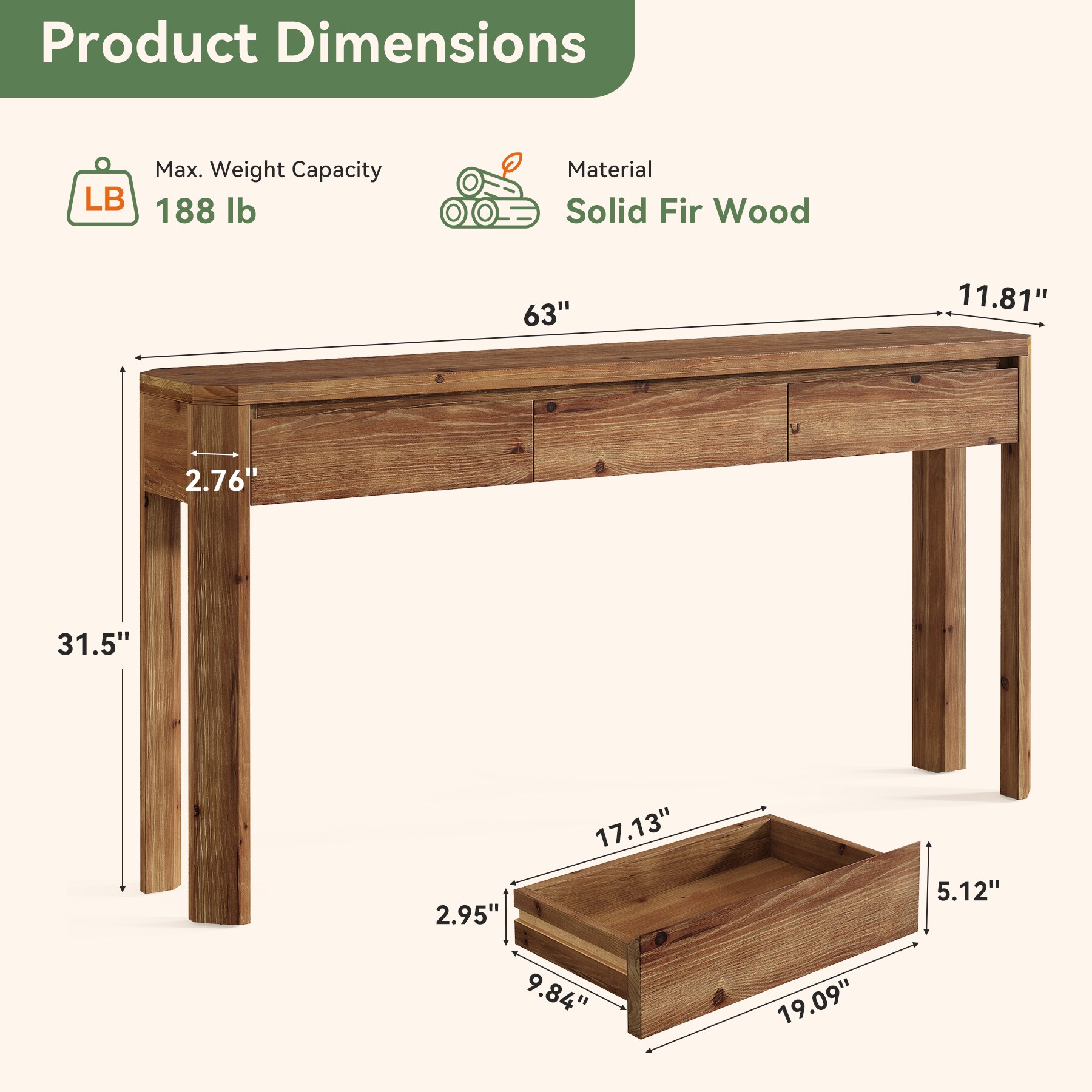 LITTLE TREE 63-Inch Rustic Brown Solid Wood Console Table with 3 ...