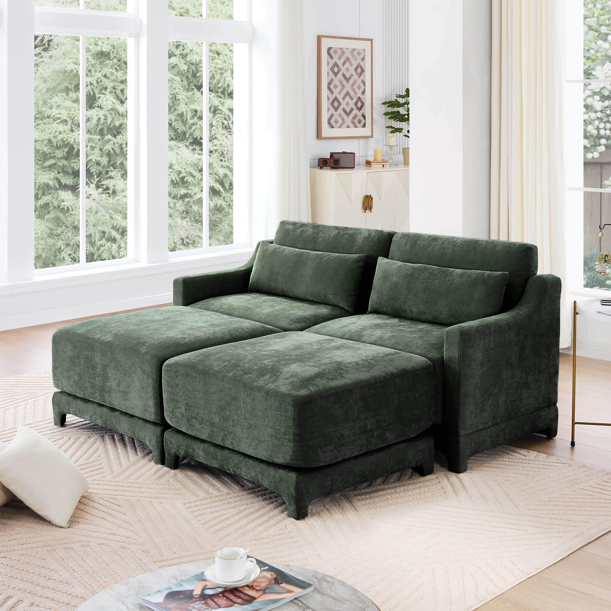 Misty Moon Two - seater sofa Chenille fabric 1 Ottoman 2 Lumbar Pillows ...