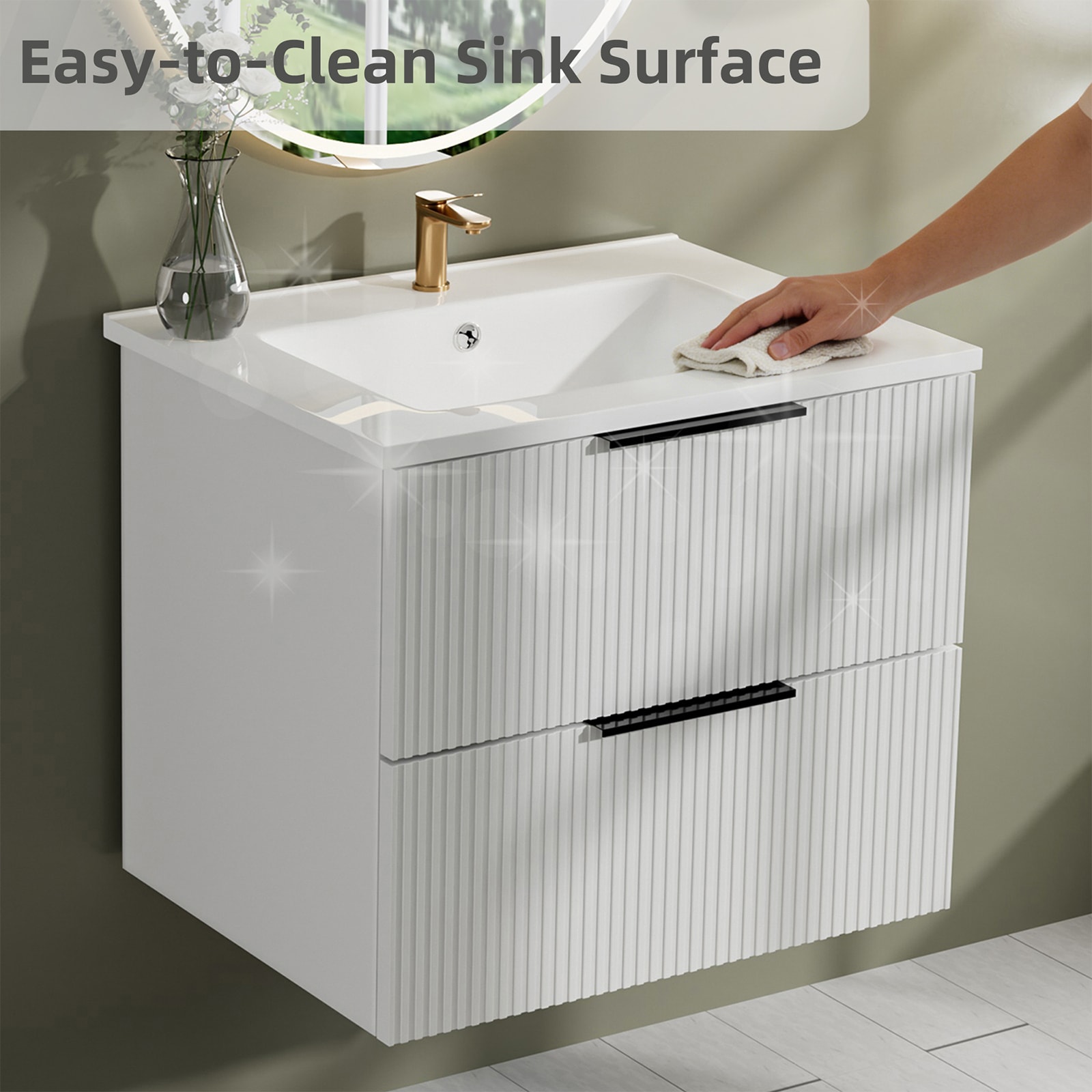 GDFStudio Modern 24 Inch Wall Mounted Floating Fluted Wood Bathroom ...