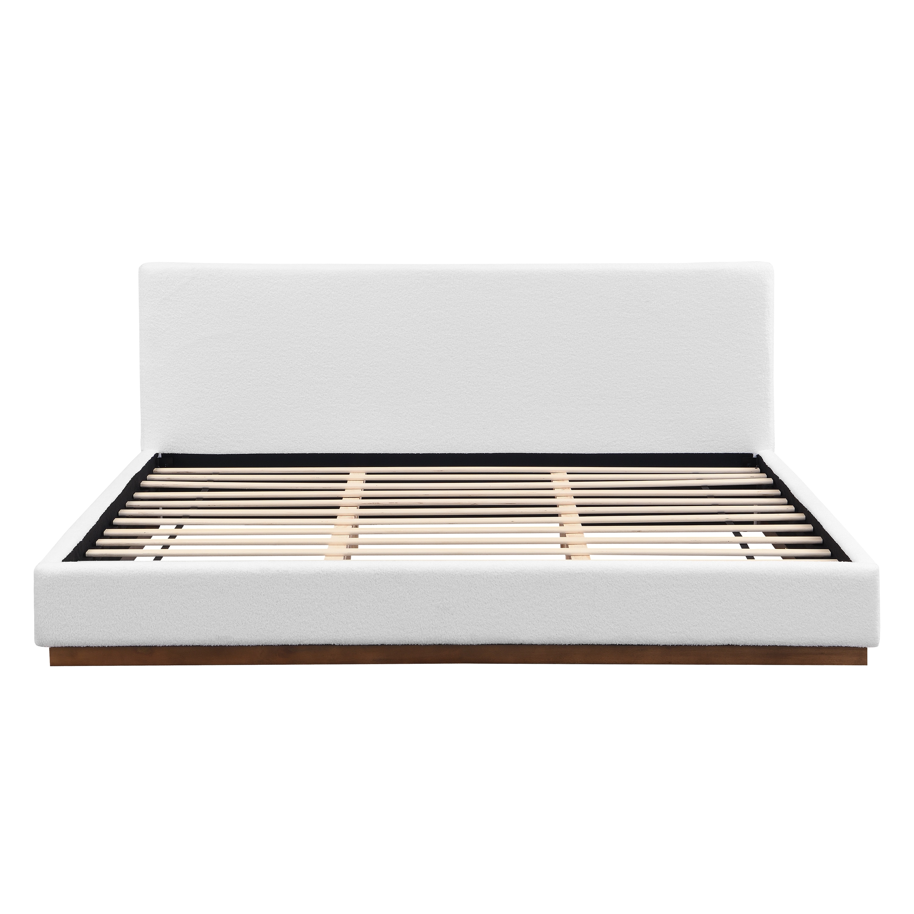 LOVMOR Elegant White Fabric Upholstered Bed With Nice Wood Grain ...