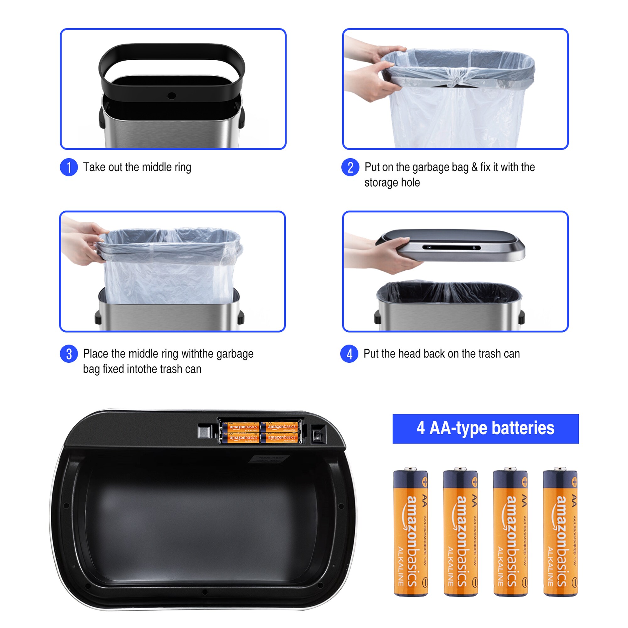 JJJ 13 Gallon Black Steel Indoor Kitchen Motion Sensing Trash Can in ...