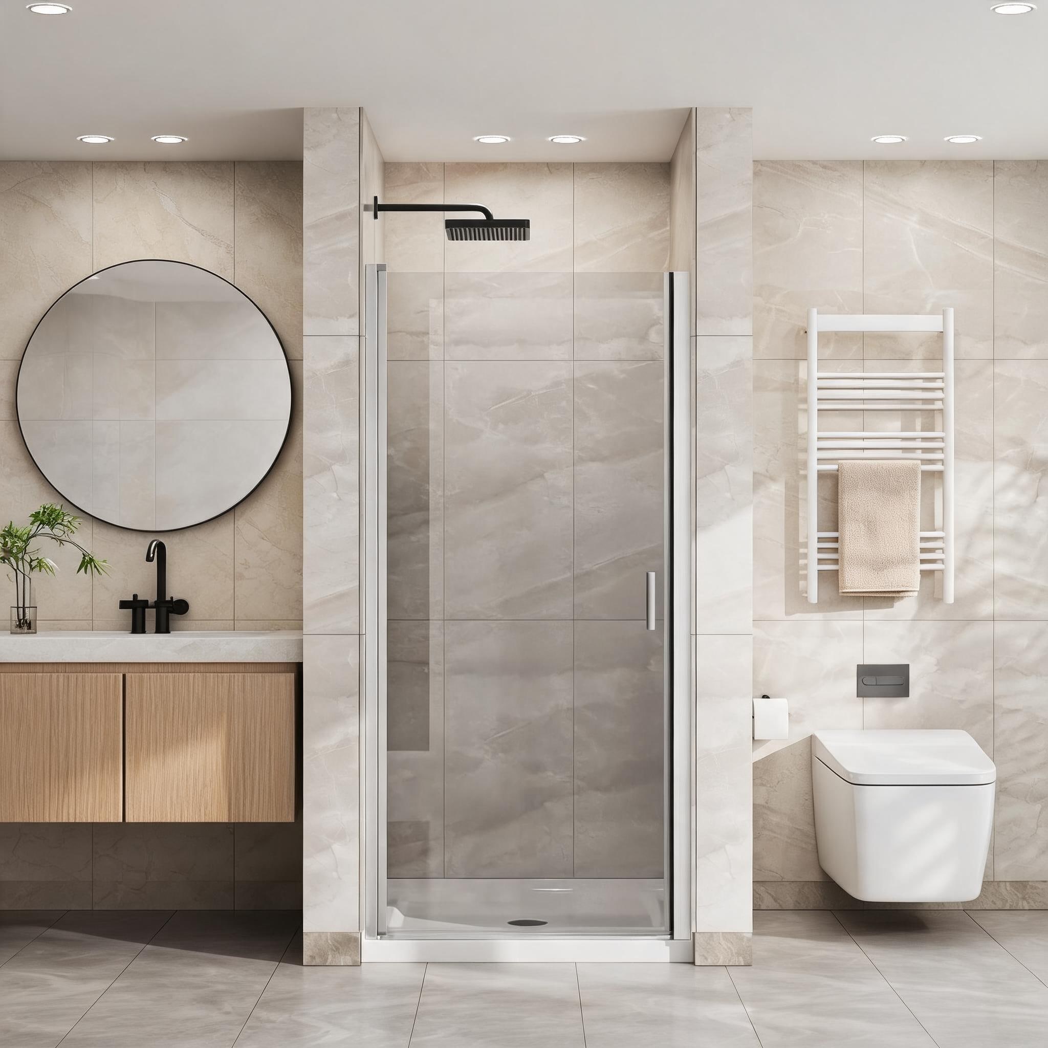 Watnature Silver Finish Semi-Frameless Pivot Swing Shower Door ...
