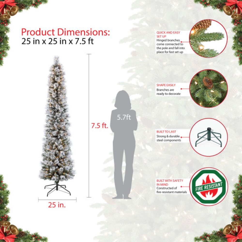 Puleo International 7.5-ft Pencil Pine Pre-lit Slim Flocked Artificial ...