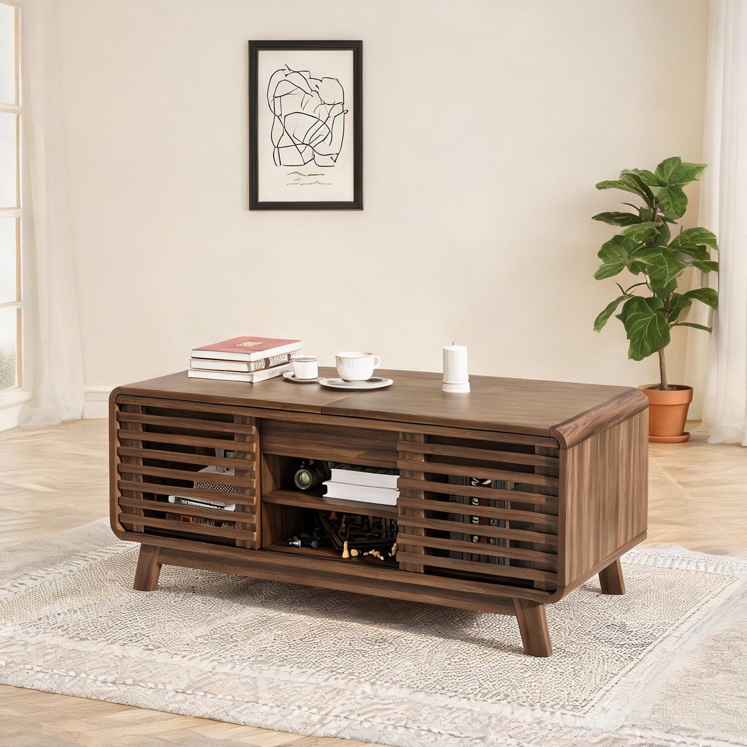 Watnature 47-Inch Storage Coffee Table with Sliding Top and Doors ...