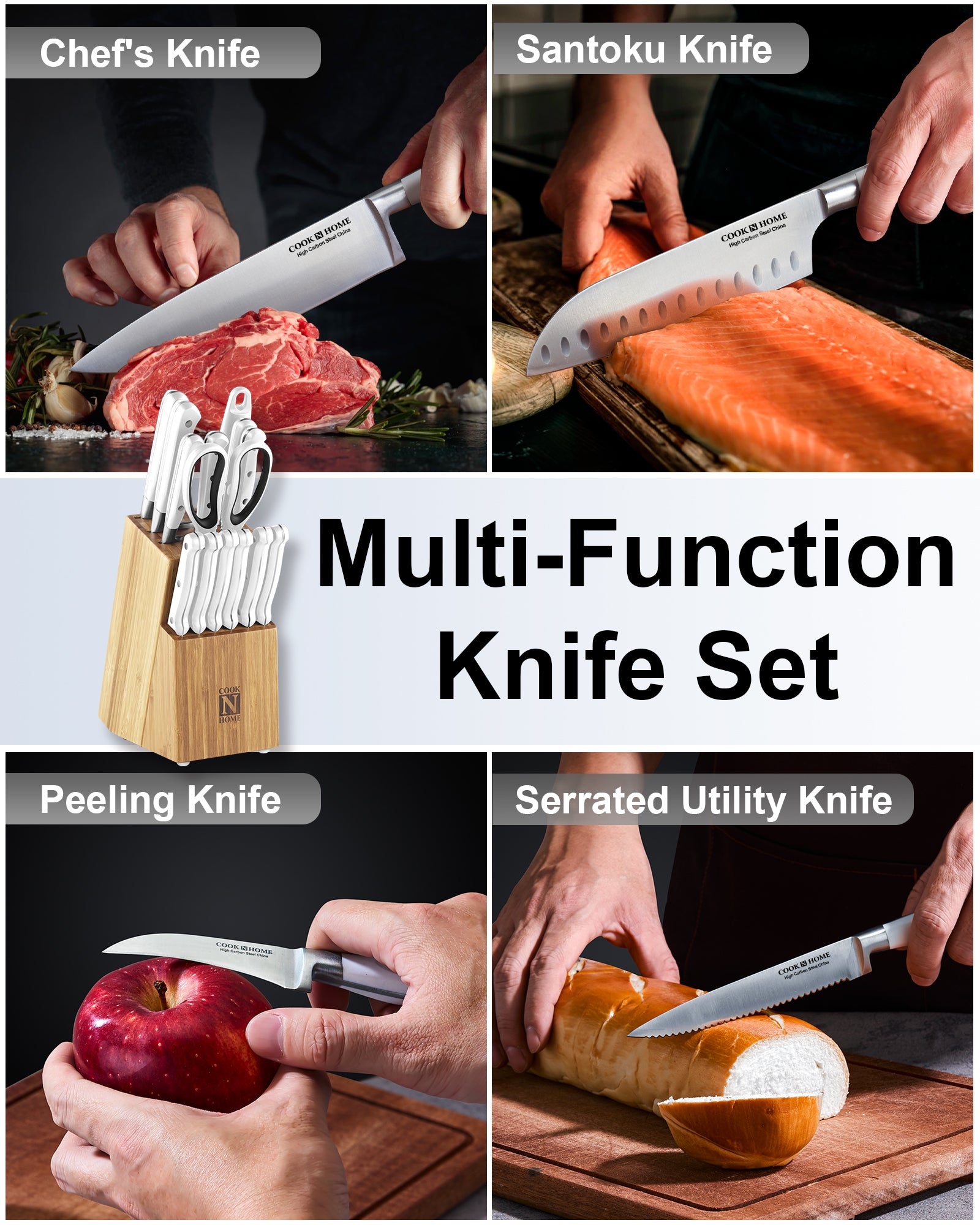 Cook N Home 15-Piece Kitchen Knife Set with Bamboo Block - High Carbon ...