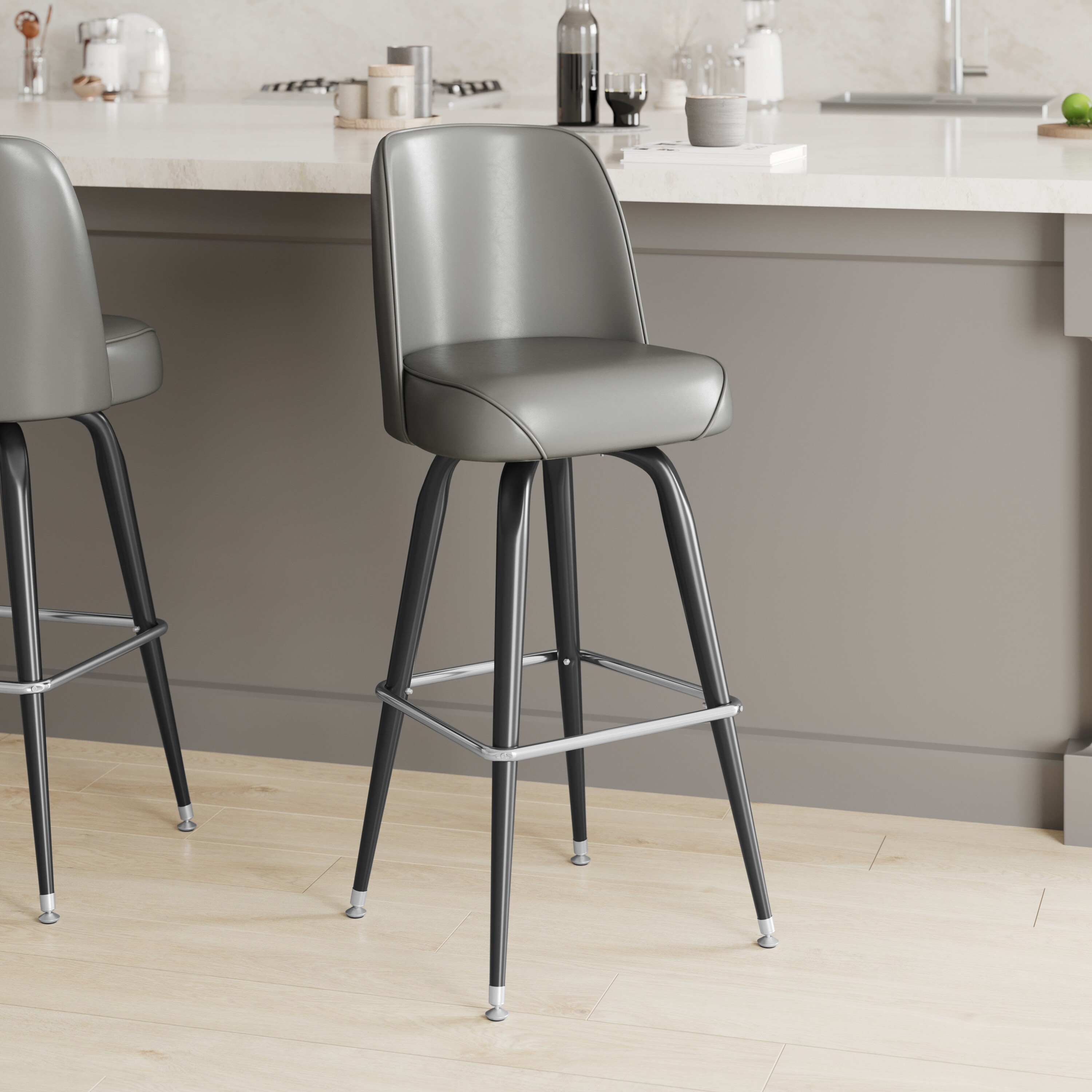 Emma + Oliver Katz Gray Bar Stool with Metal Frame; Vinyl Upholstered ...