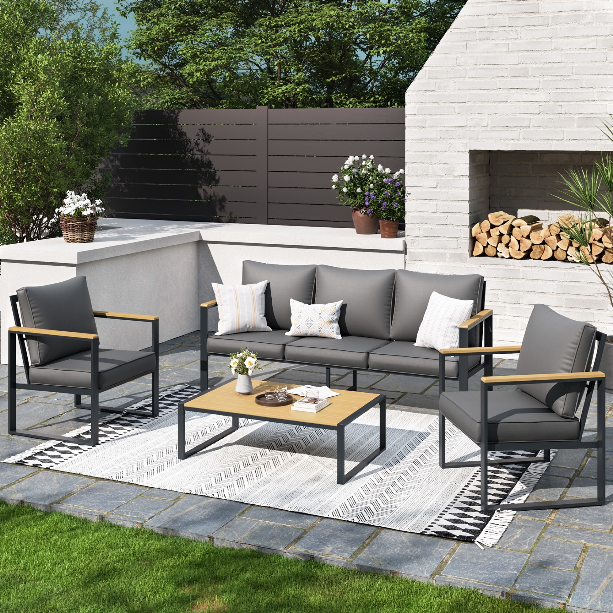 Anysun 4 Piece Modern Iron Patio Set with Faux Wood Grain Frame Grey ...