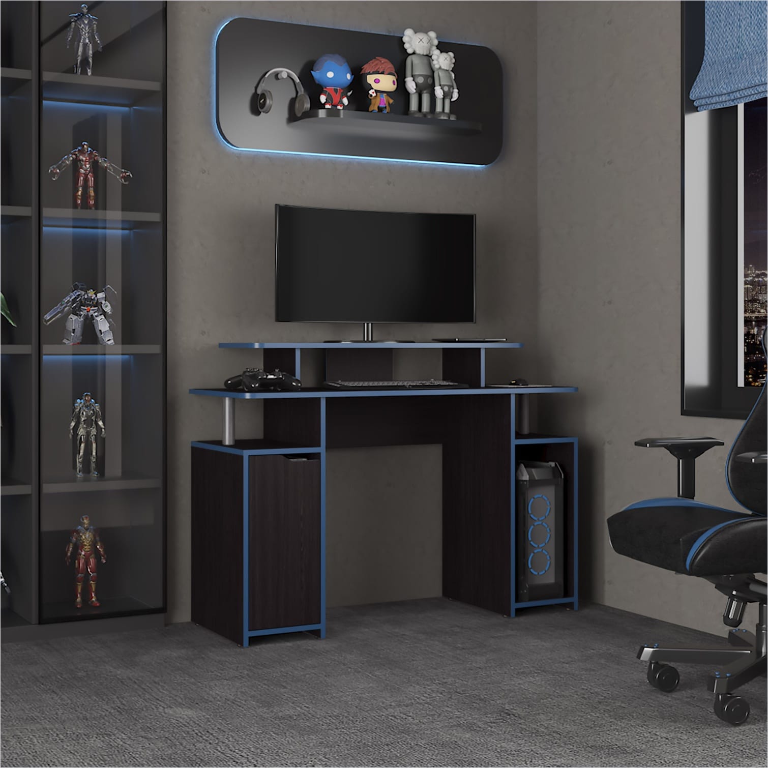 Naturefalls Contemporary Gaming Desk with Side Shelves and PC Tower ...