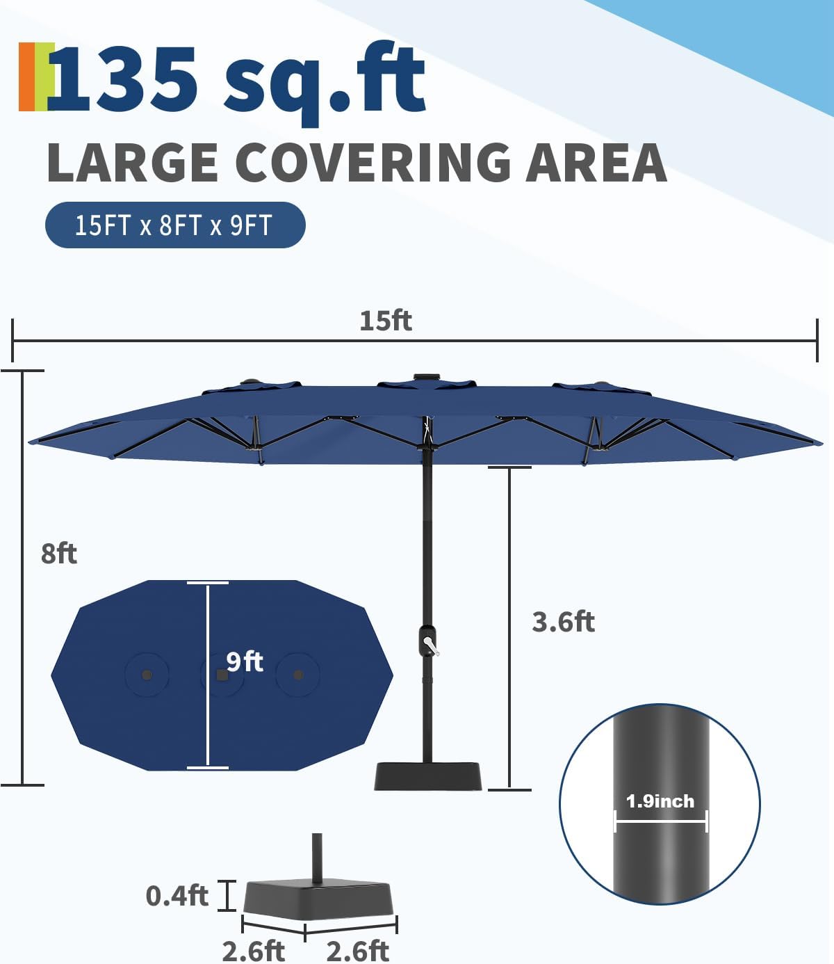 Garvee 15 ft Large Patio Umbrella with Base Included Double-Sided ...