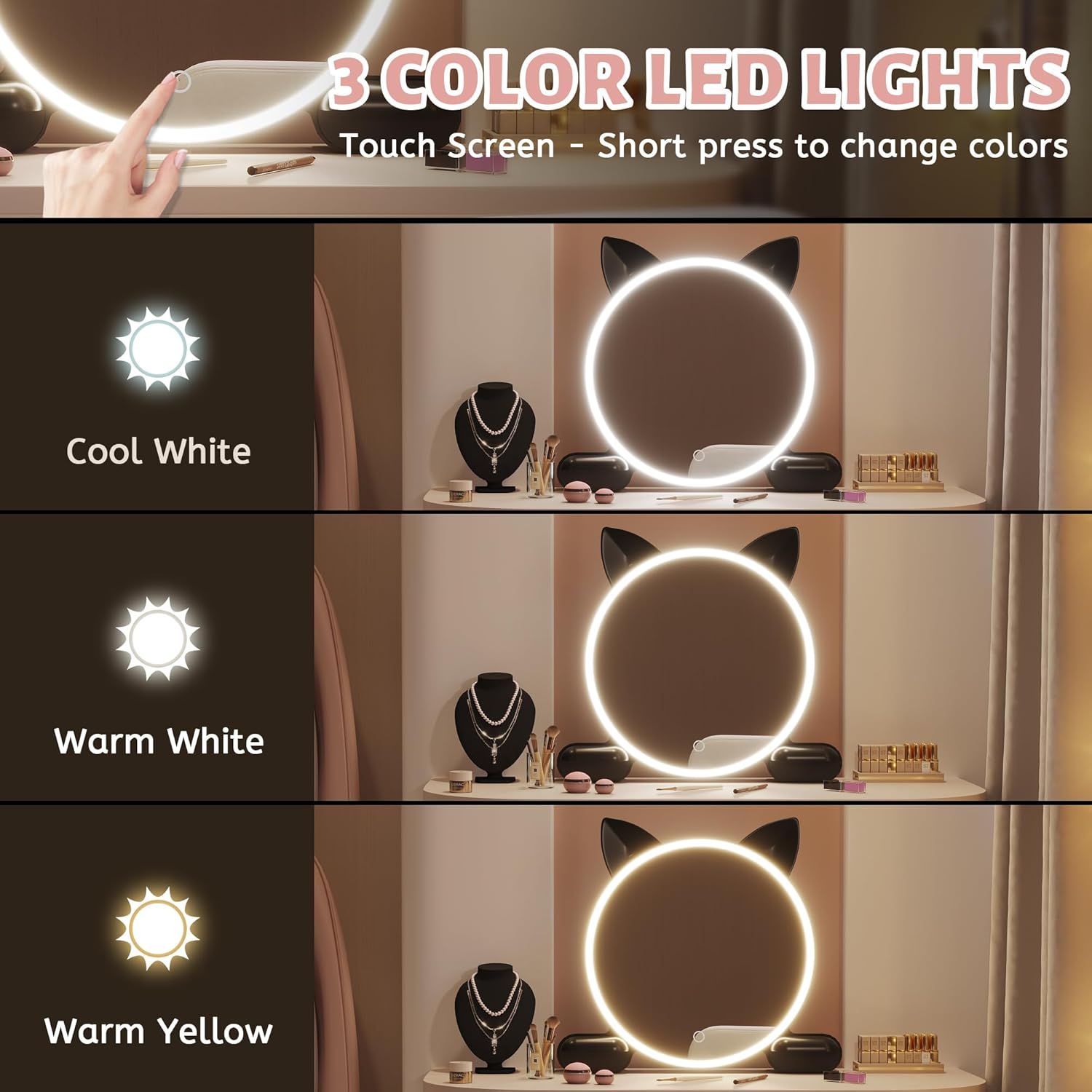 Vlsrka Cat LED Vanity Mirror with Lights 20 x 18 Inch Round Makeup ...
