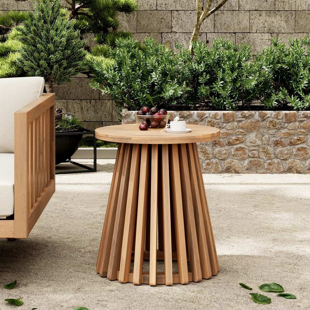 Coolbibila 16 in Rustic Slat Base Light Teak Acacia Wood Round Outdoor ...