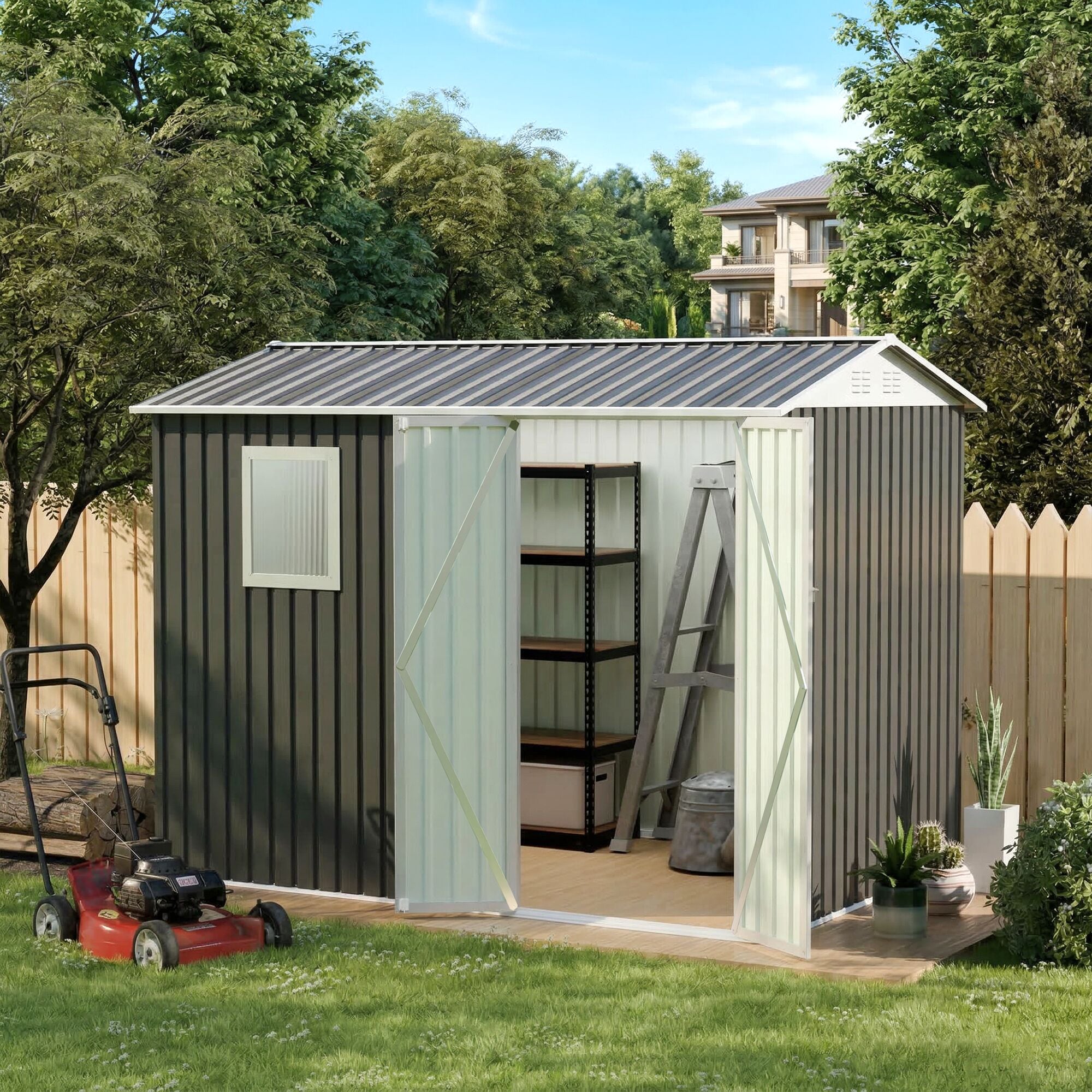 Huluwat 9x6 FT Metal Garden Shed with 1 Windows for Outdoors Patio ...