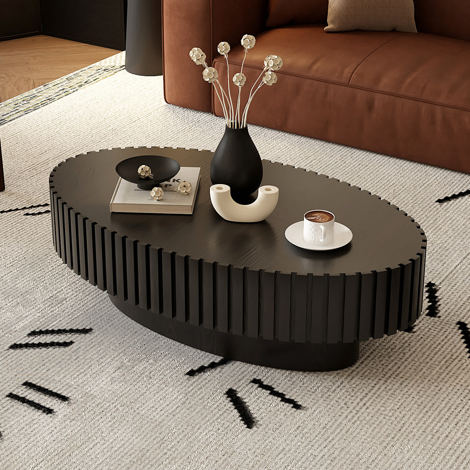 Vynxaria Oval Olive Shaped Coffee Table Handcrafted Relief Sturdy MDF ...