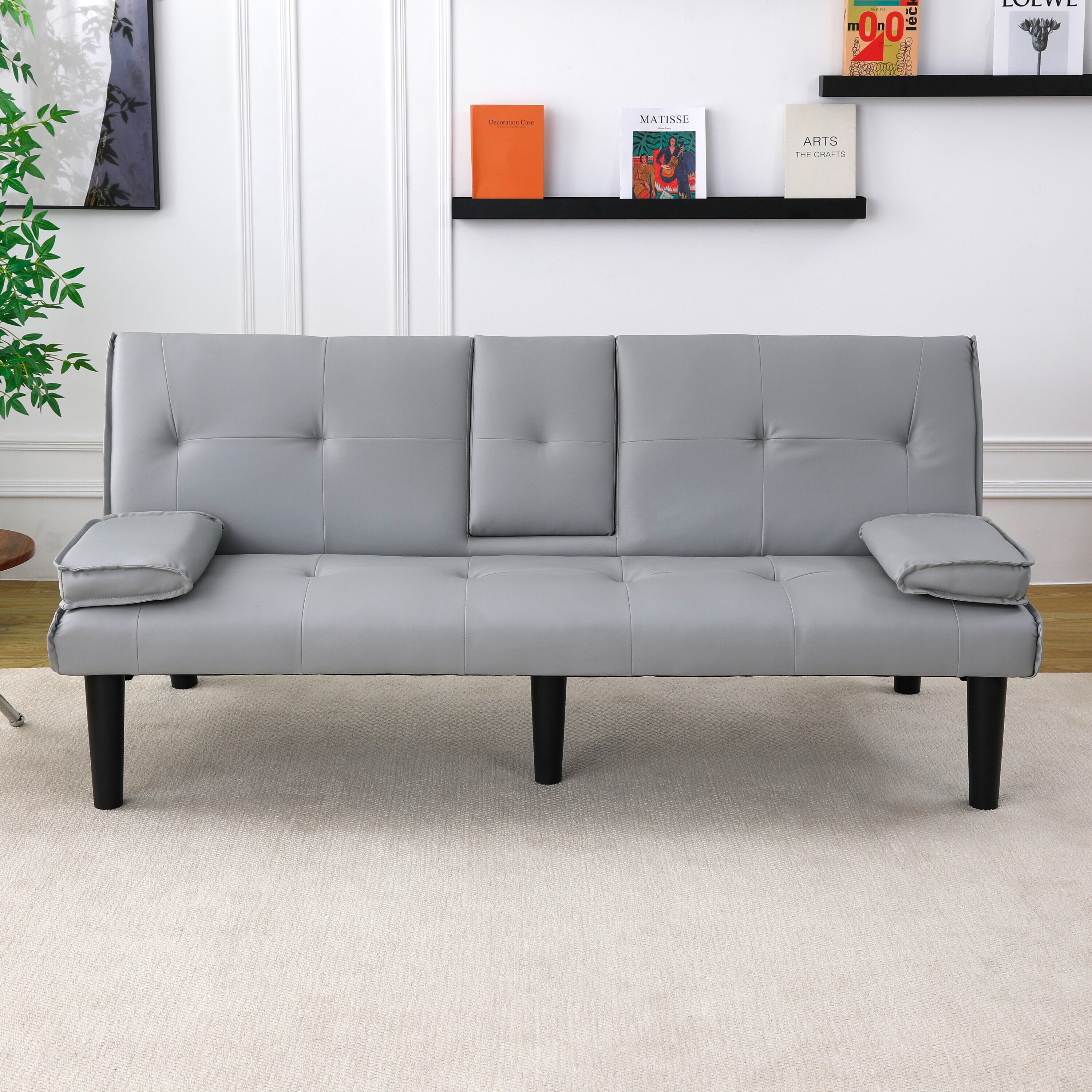 LOVMOR 67 Inch Light Gray PVC Multifunctional Sofa Bed Foldable Cup ...