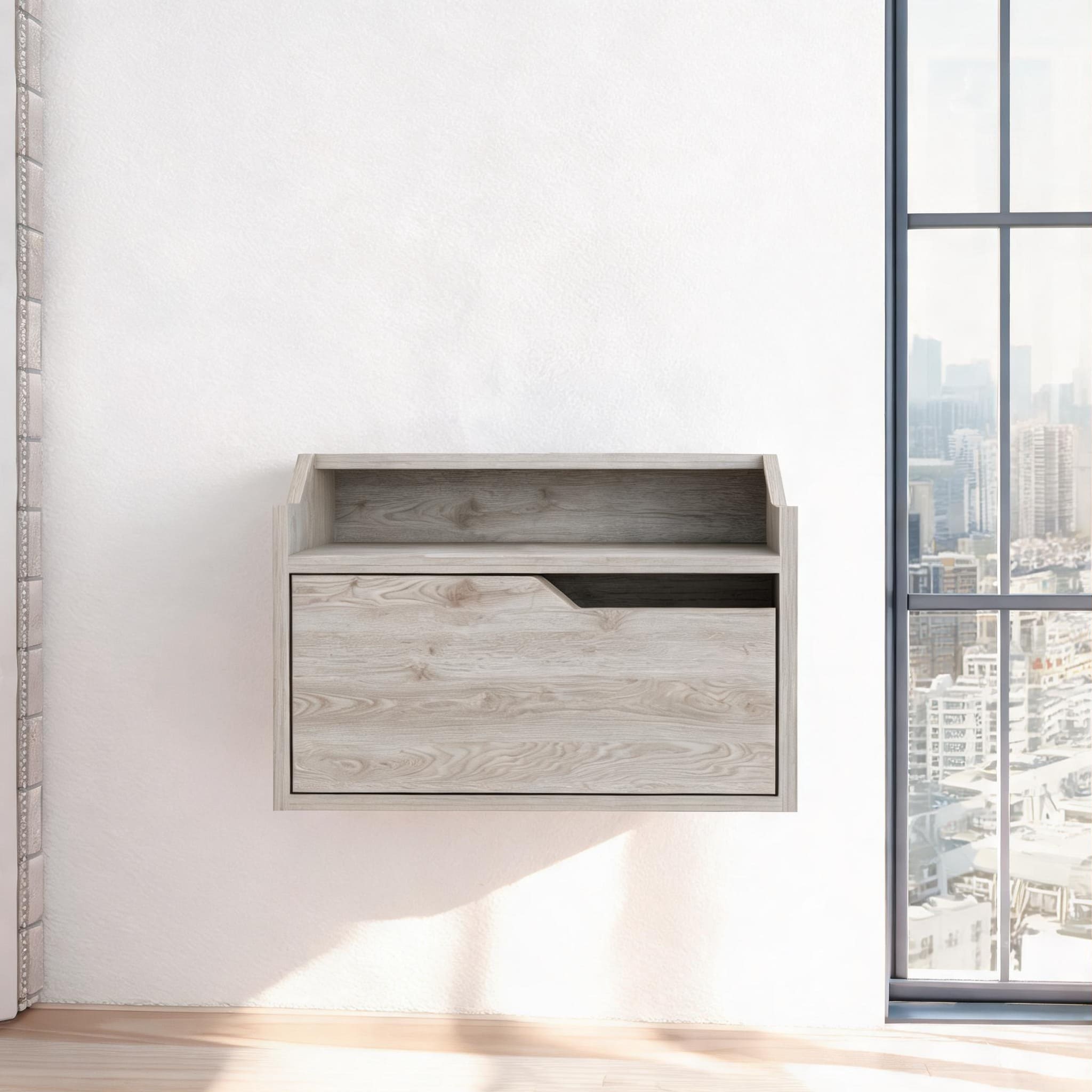 Watnature Bedroom Use Floating Nightstand Wood Cool Gray Compact Dual ...