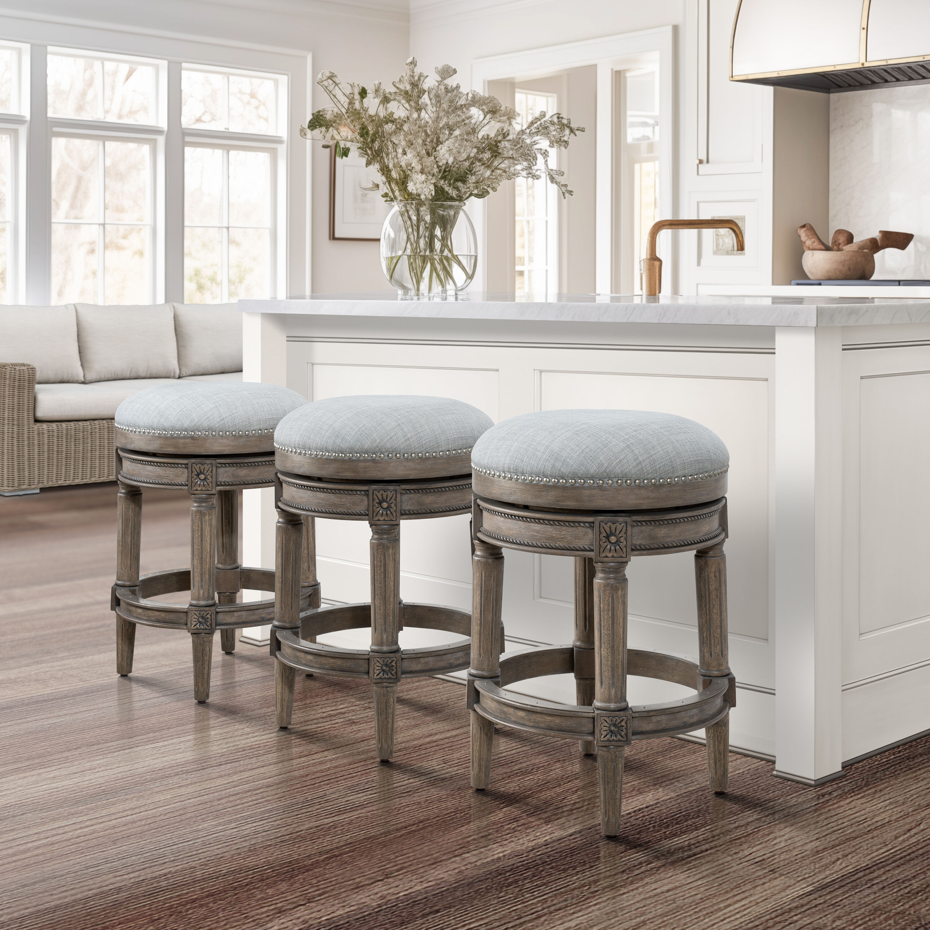New Ridge Home Goods Chapman - Grey wood and linen backless swivel ...