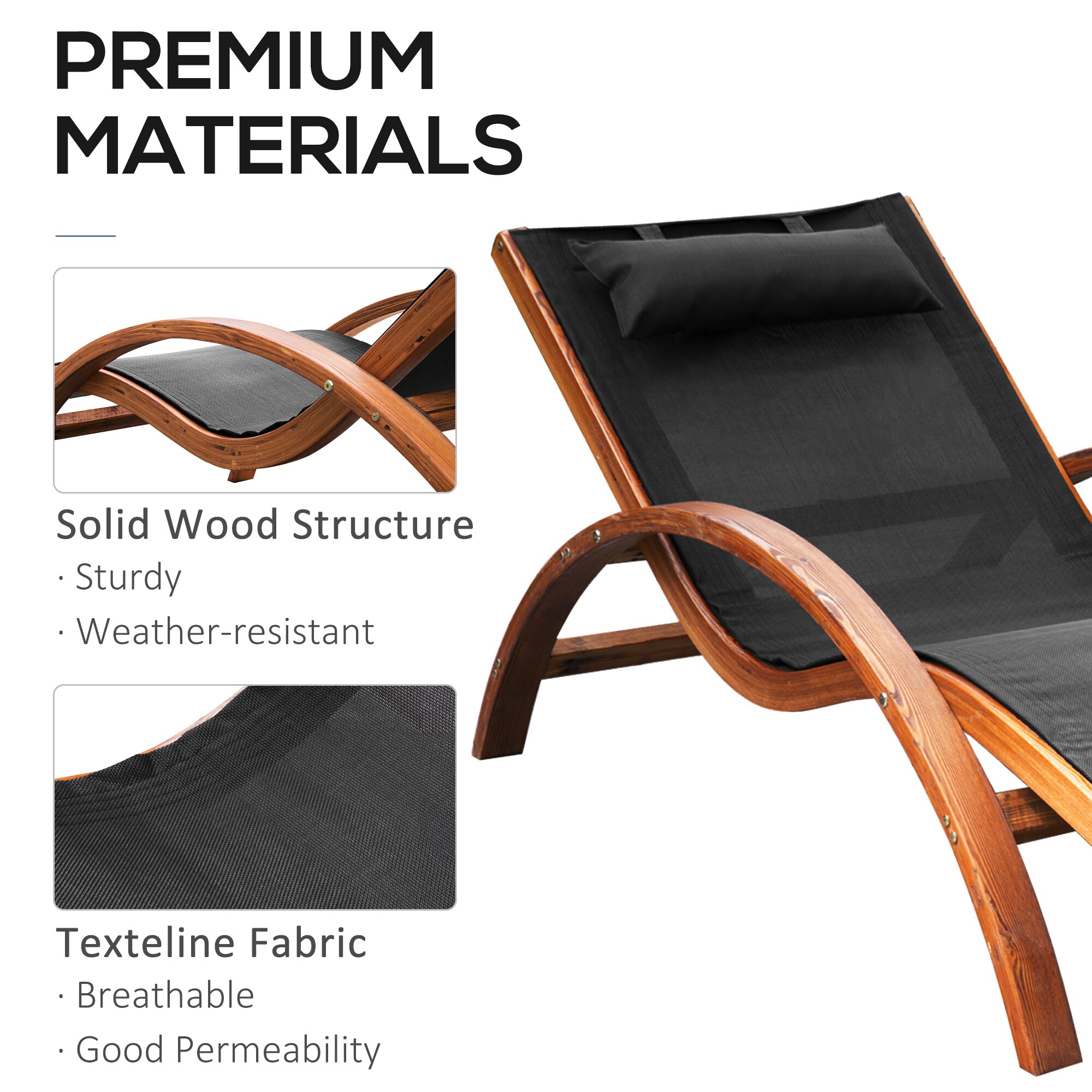 Outsunny Outdoor Chaise Wood Lounge Chair with Pillow Armrests ...