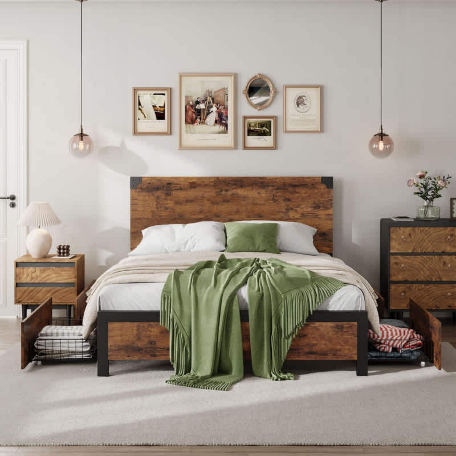 Garvee Full Brown Bed Frame with 4 Drawers and Headboard Rustic Vintage ...
