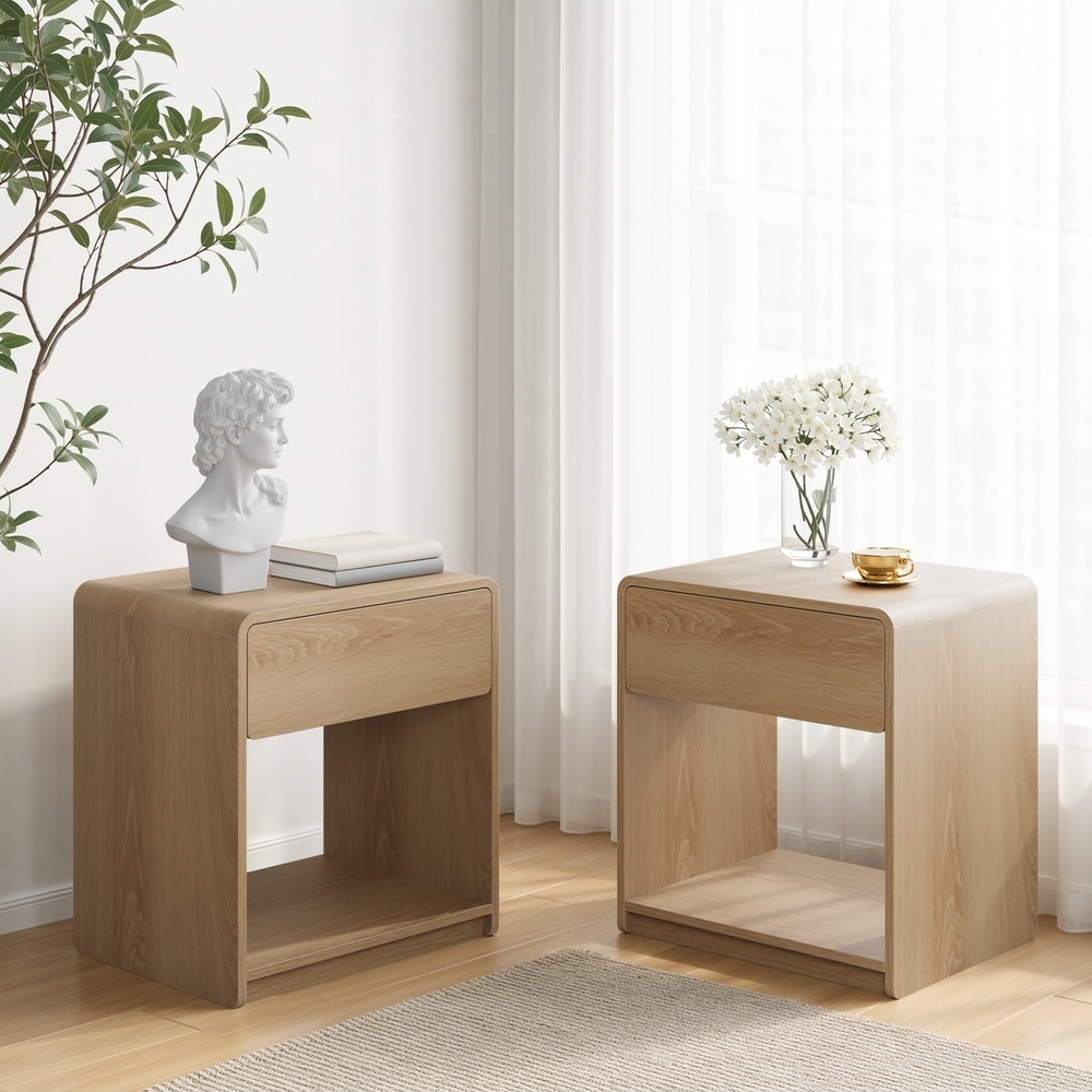 Beedesign Oak Color Mid Century Modern 2 Piece Bedside Table Set with ...